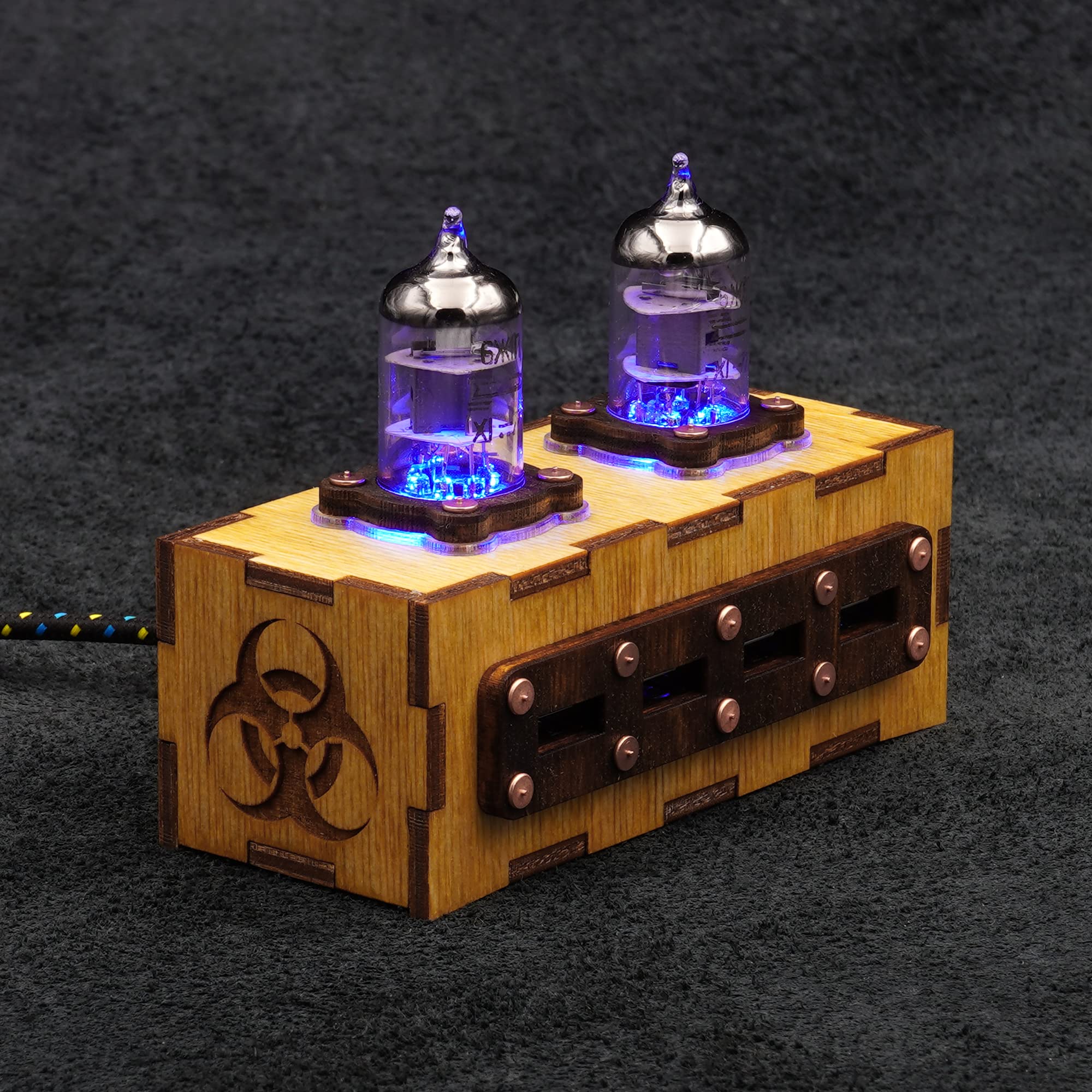 Handmade Wooden 4-Port USB Hub - Dual Blue Pentode Radio Tube - Unique Design - Steampunk/Industrial Style - USB 2.0 - Durable 1M(3FT) Cable