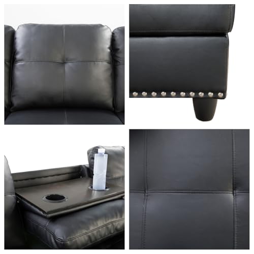 GlasFlength Leather L Shaped Couch with Ottoman, Modern Nail-Head Design Comfy Sectional Sofa with Cup Holder & Chaise for Living Room, Bedroom, Office