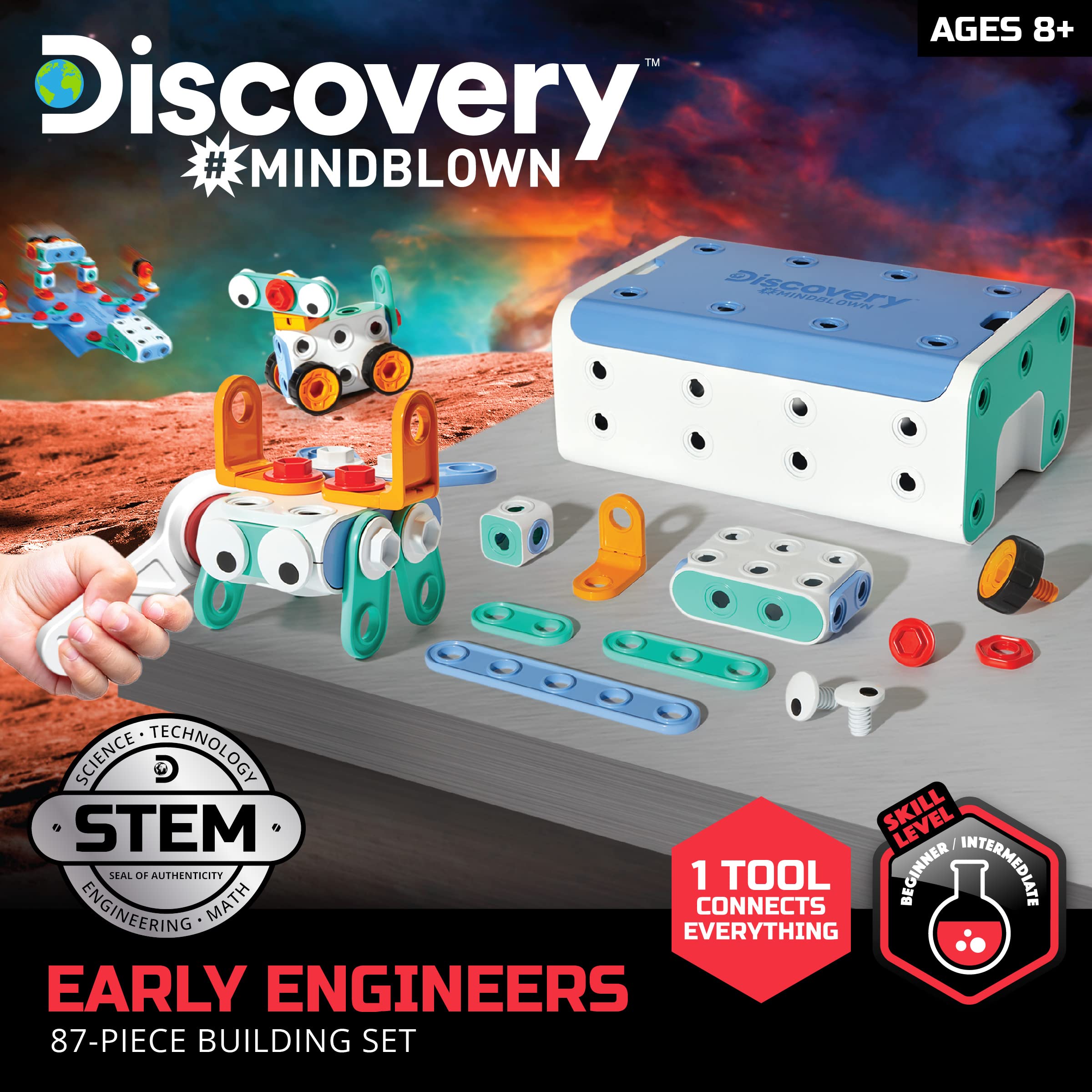 Discovery #MINDBLOWN Early Engineers 87-Piece Building Set, Easy & Fun Kids Design Kit, Build Unique Robot Creations with 1 Tool, Educational STEM Learning Toy, Construction Playset for Ages 3 & up