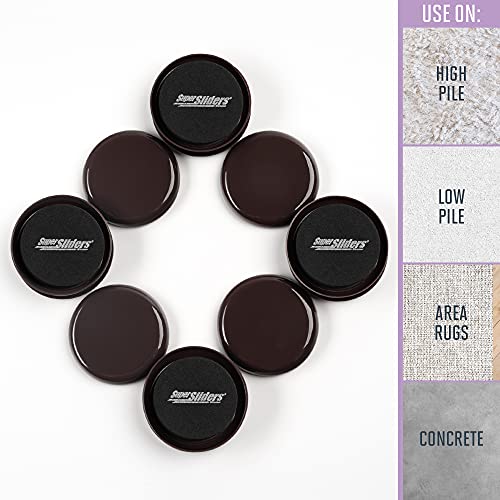 Super Sliders 2 1/2" Round Reusable Furniture Sliders for Carpet - Effortless Moving and Surface Protection, Brown (8 Pack)