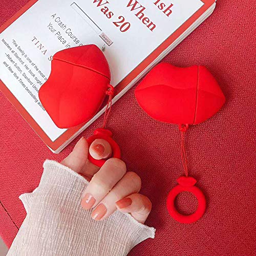 Rertnocnf Compatible with Earbuds Case Airpods 1 & 2, Creative 3D Lips Design Personality Red Lip Portable Accessories Soft Silicone Protective Wireless Earphone Charging Case with Ring Decoration