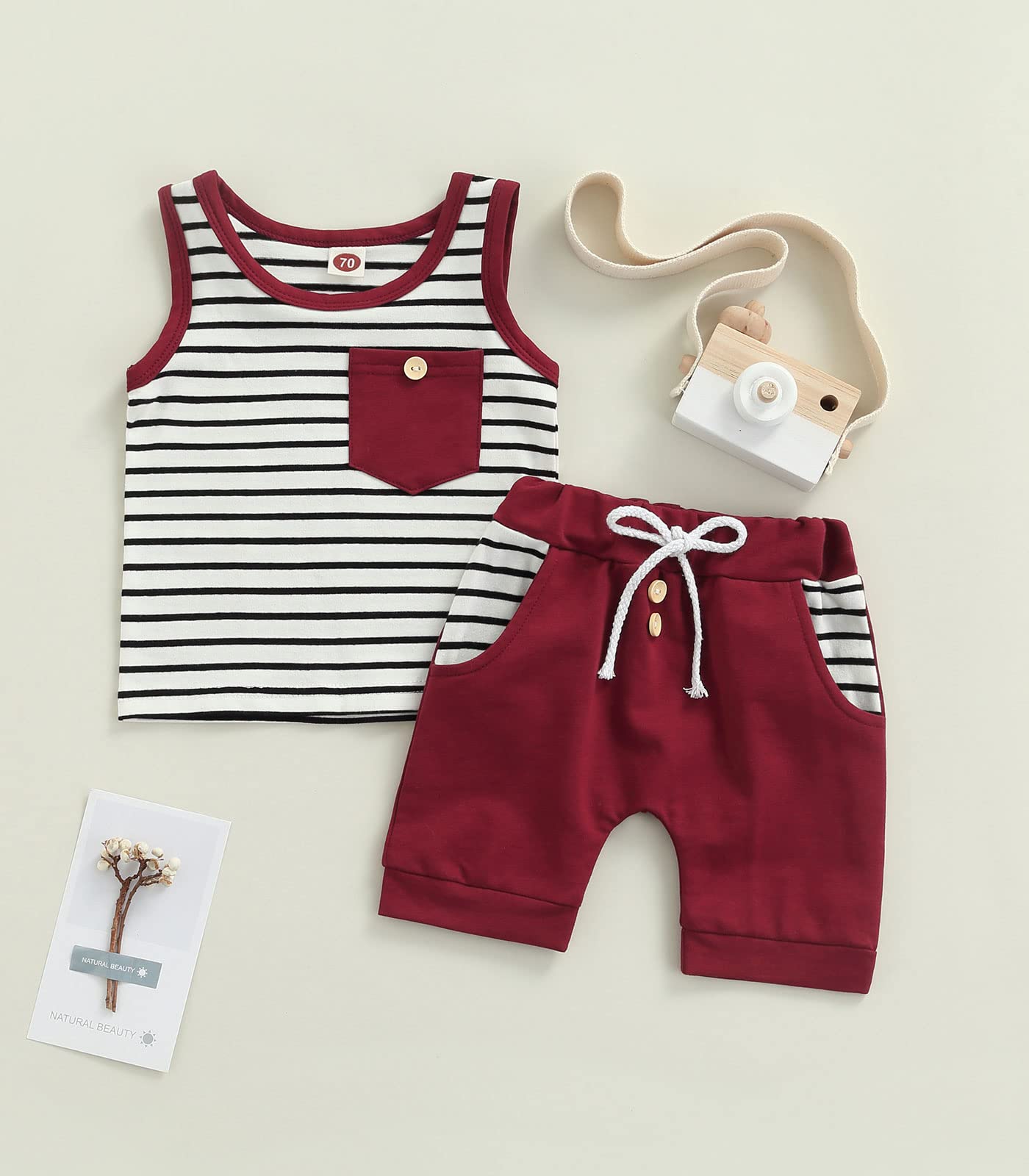 Toddler Baby Boy Summer Outfits Shorts Solid Short Sleeve T-Shirt Tops Casual Clothes Set (Brick Red, 18-24 Months)