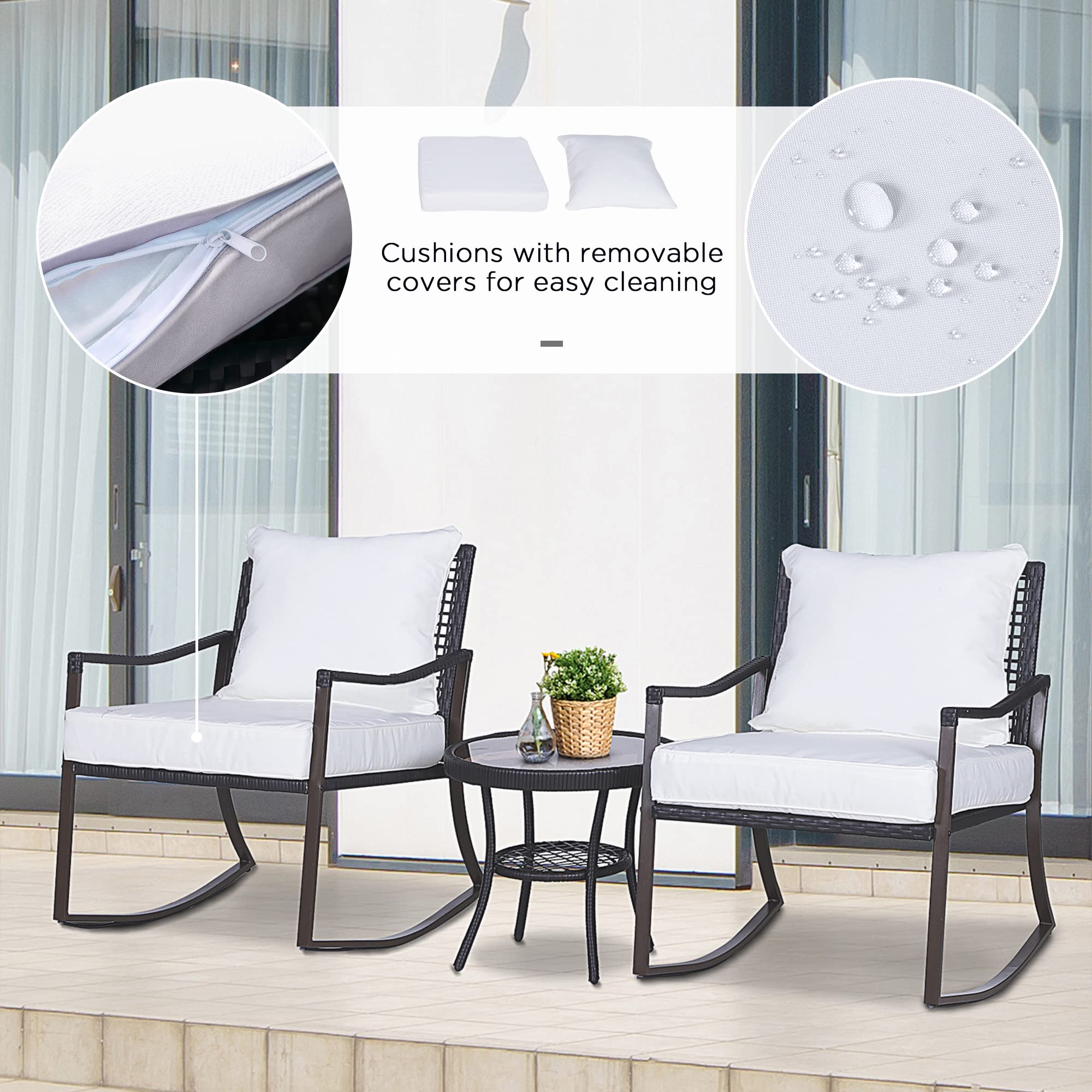 Outsunny 3 Piece Patio Rocking Bistro Set, Outdoor PE Rattan Wicker Rocking Chairs with Cushioned, Pillows, Two-Tier Glass Storage Shelf Coffee Table, Cream White