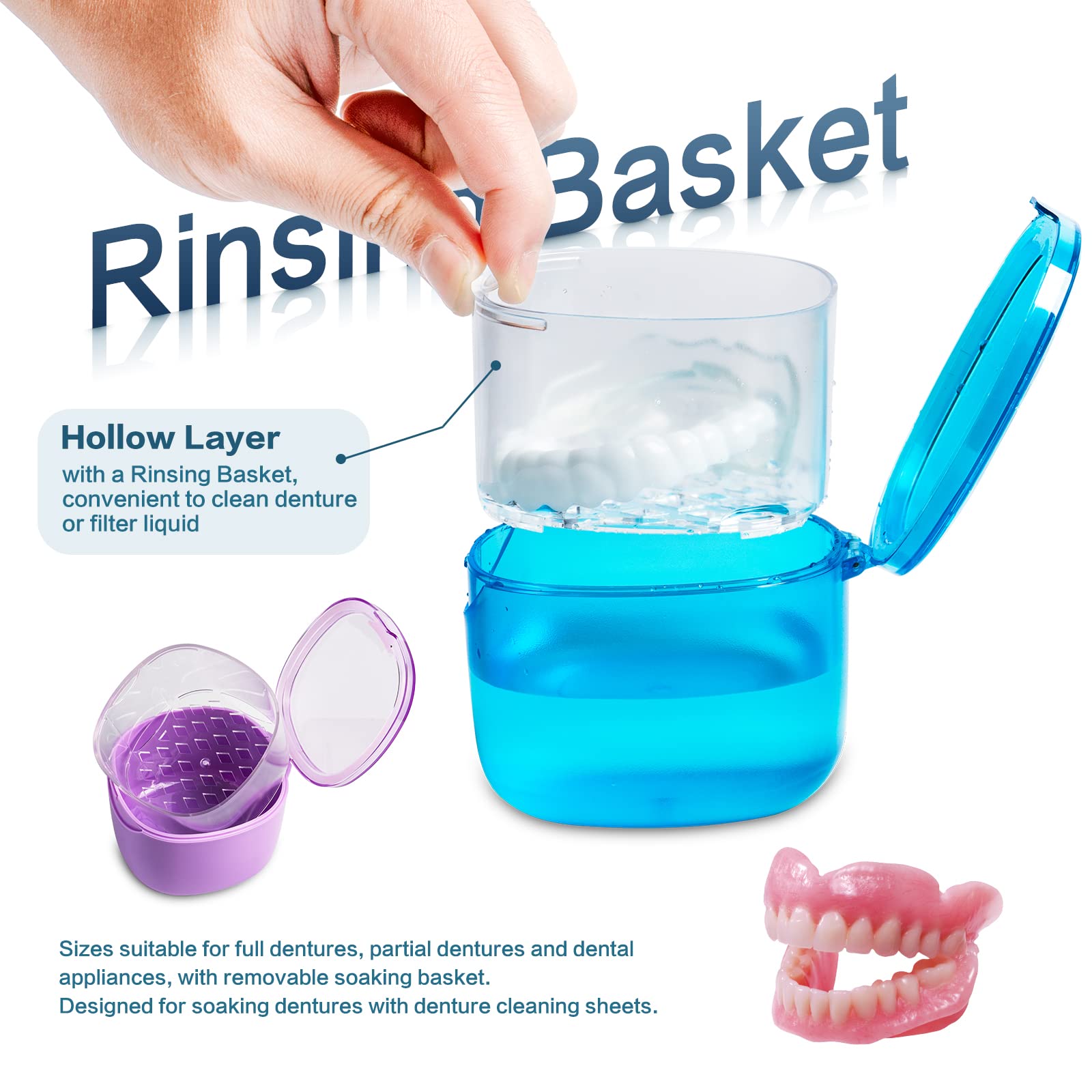 Uouovo Upgraded Denture Bath Box Cup, No-Leak Denture case, Retainer Cleaning Box, Complete Clean Care for Dentures, Clear Braces, Mouth Guard, Night Guard & Retainers (purple)
