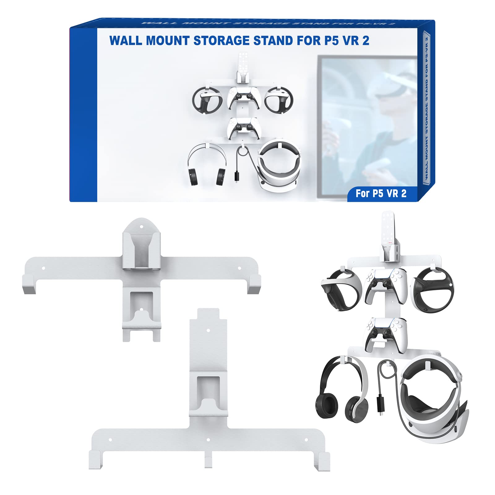 FYOUNG Wall Mount Storage Stand for PS VR2 Gaming Headset, VR2 All-in-One Steel Wall Shelf Holder Hanger Hook for PS5 Controller and Headset Accessories, Saving Space for PSVR2 Accessories