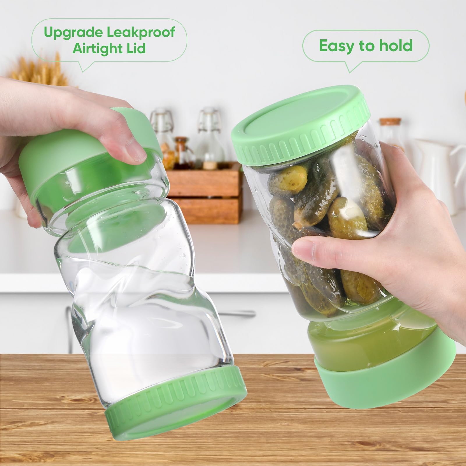 Glass Pickle Jar with Strainer Flip and Stainless Steel Fork, 36oz Leakproof Airtight Large Pickle Container with Strainer, Hourglass Pickle Juice Separator Jar for Olive, onions, gherkin