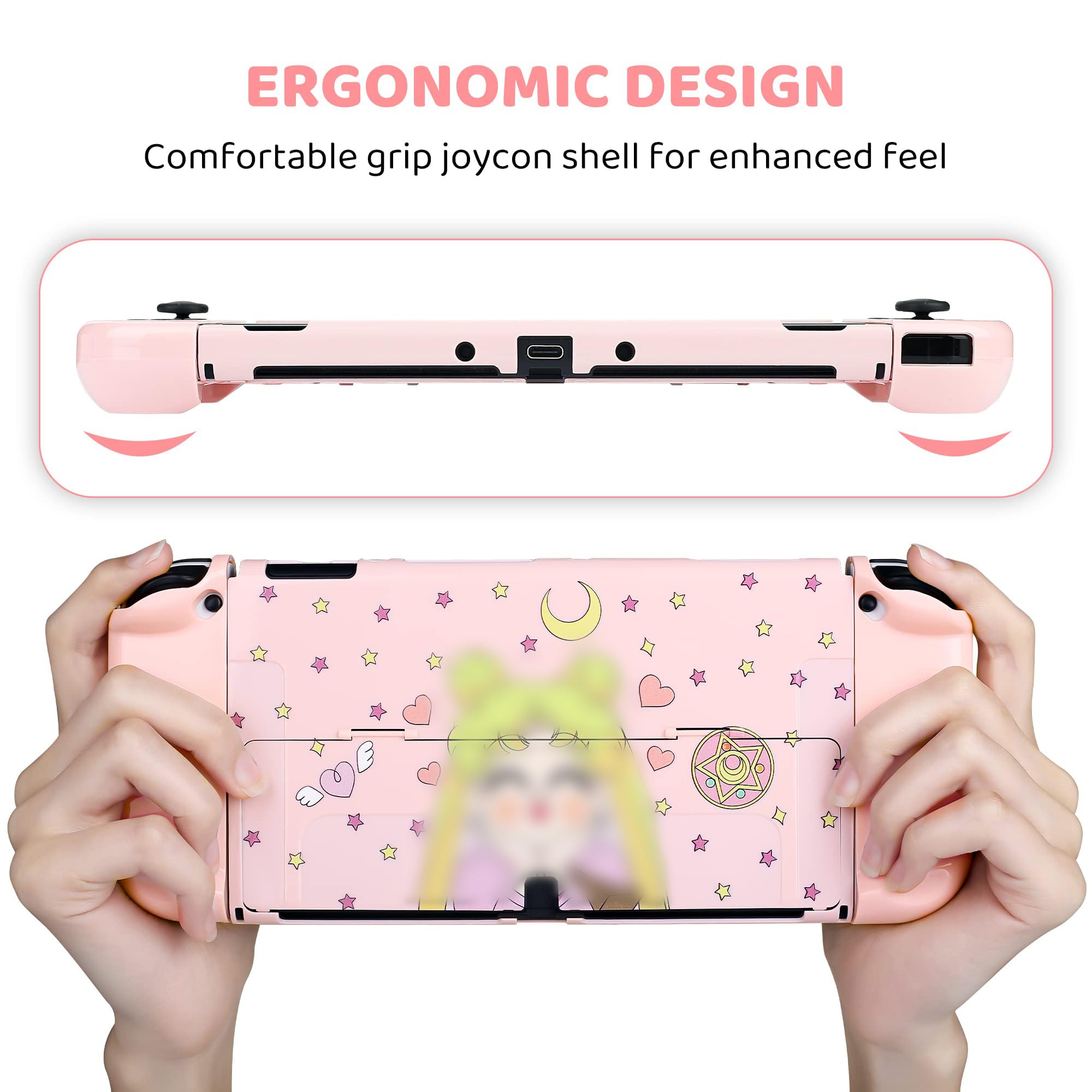 FUNDIARY Cute Anime Girl Protective Shell Compatible with Nintendo Switch OLED, Pink Flip Case for Switch OLED and Joycon Controller with Screen Protector and 4 Thumb Caps