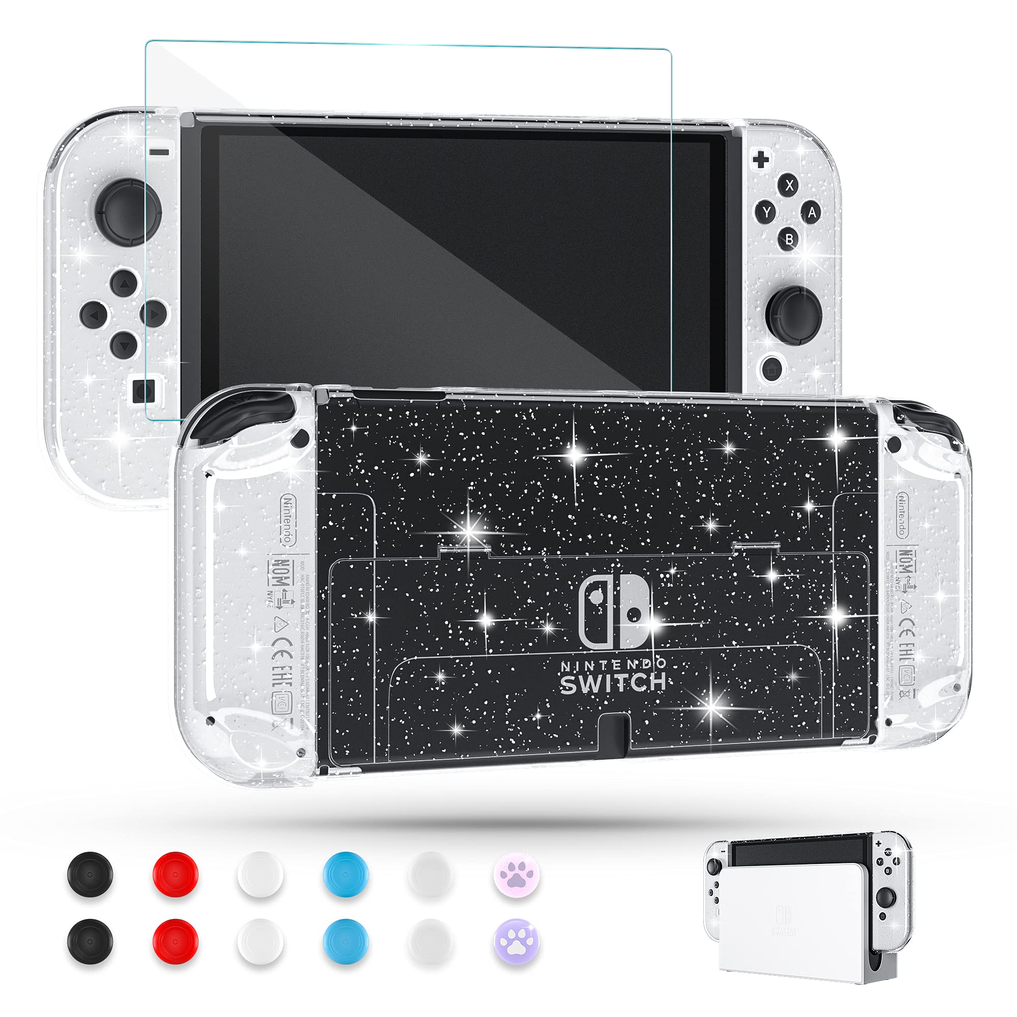 FUNDIARY Dockable Case for Nintendo Switch OLED Model 2021, Protective Cover Case for Switch OLED with Tempered Glass Screen Protector and 12 Thumb Grip Caps - Glitter Clear