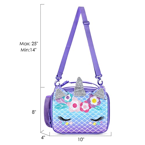 mibasies Kids Unicorn Backpack for Girls Rainbow School Bag with Lunch Box((Mermaid Purple)