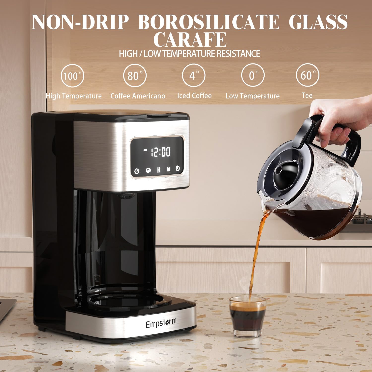 Empstorm 12 Cup Programmable Drip Coffee Maker - 1000W Fast Brew Coffee Machine with Glass Carafe, Auto Shut Off & 4-Hour Keep Warm, Anti-Drip System, Strong Brew, Black with Stainless Steel Accents