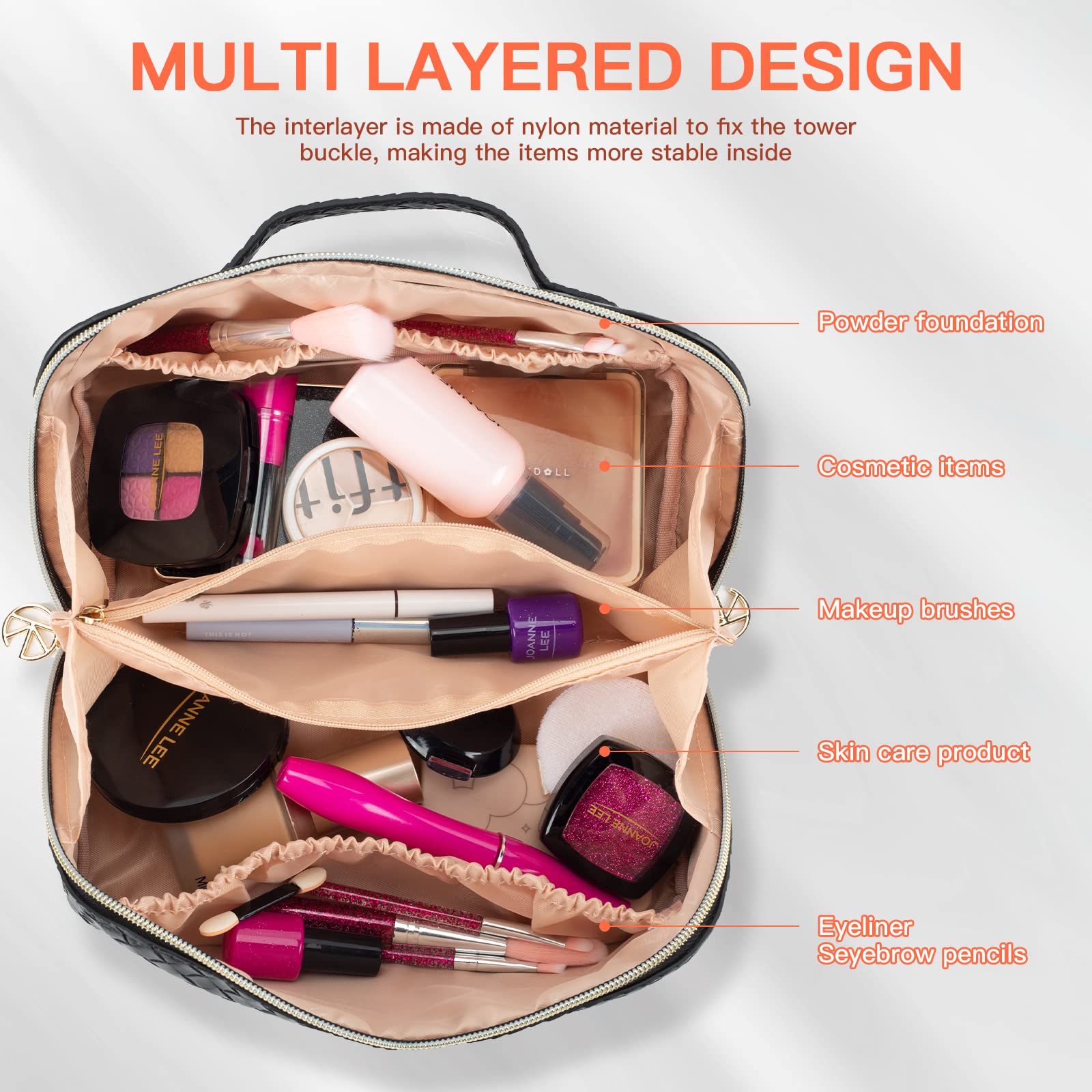 KekeInt'l Cosmetic Bags Portable Makeup Bag Opens Flat for Easy Access,Multifunctional Storage Makeup Bag for Woman (black)