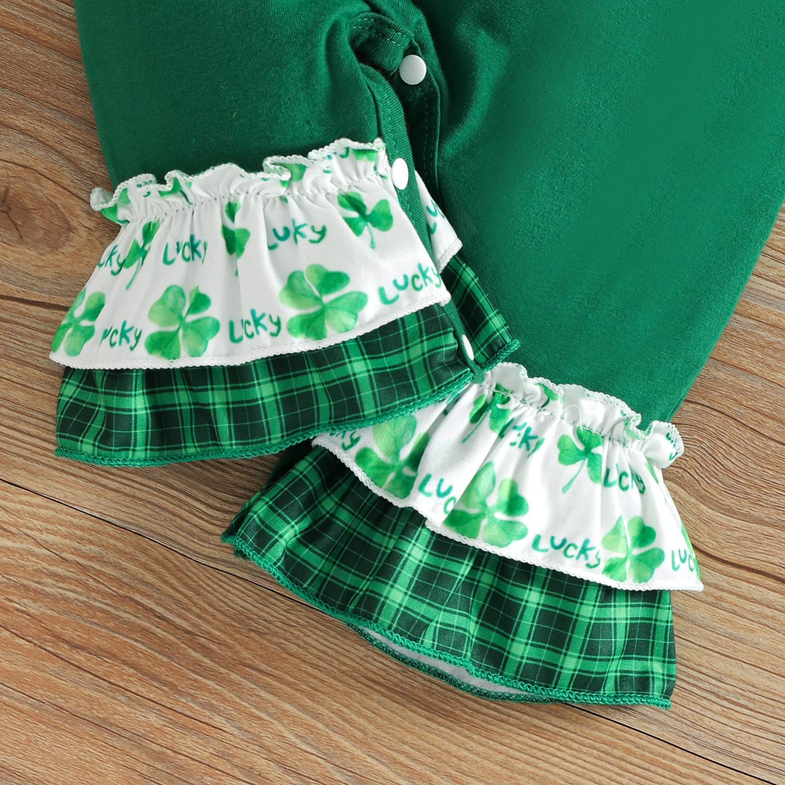 Toddler Baby Girl St Patrick 's Day Outfits Long Sleeve Jumpsuit Clover Romper Ruffle Bodysuit One Piece Bodysuit Headband 2Pcs (Green, 0-3 Months)