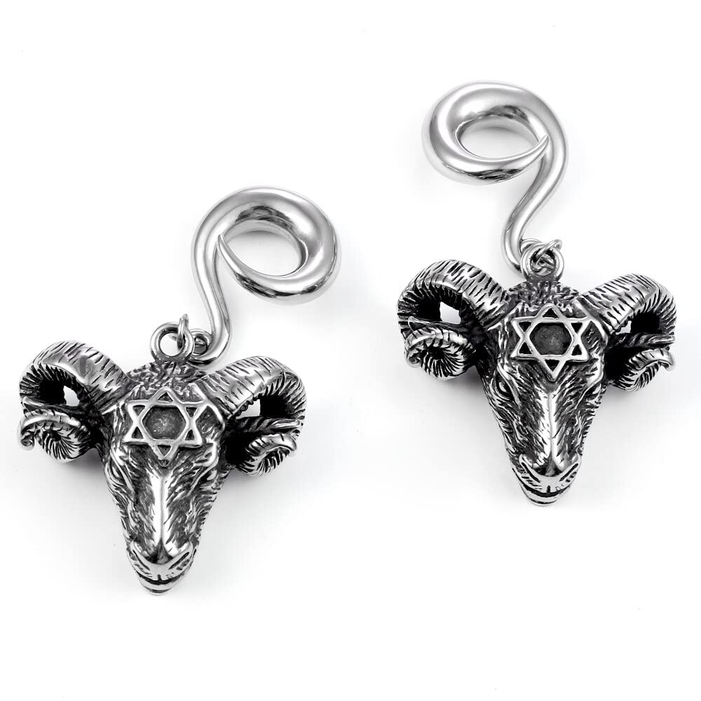 Earblity (8mm 0g Hook Plugs Ear Weight Bull Head Dangle Piercing Ear Gauges Silver Hypoallergenic 316 Stainless Steel Stretcher Body Jewelry 2PCS