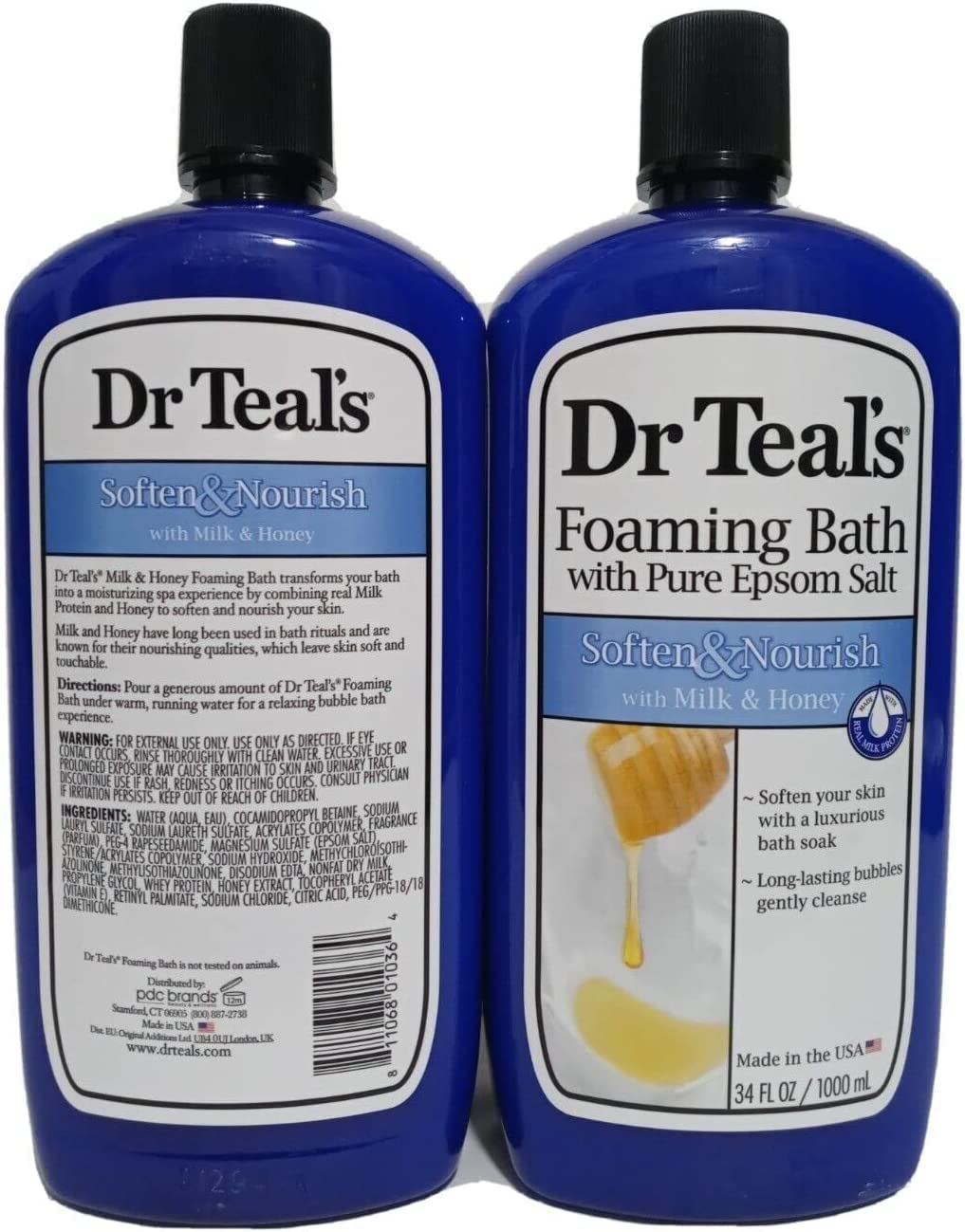 Dr Teal's Milk & Honey Foaming Bath Gift Set (4 Pack, 34oz Ea) - Soften & Nourish Formula with Milk & Honey - Essential Oils Blended with Pure Epsom Salt Ease Aches & Pains & Alleviates Daily Stress