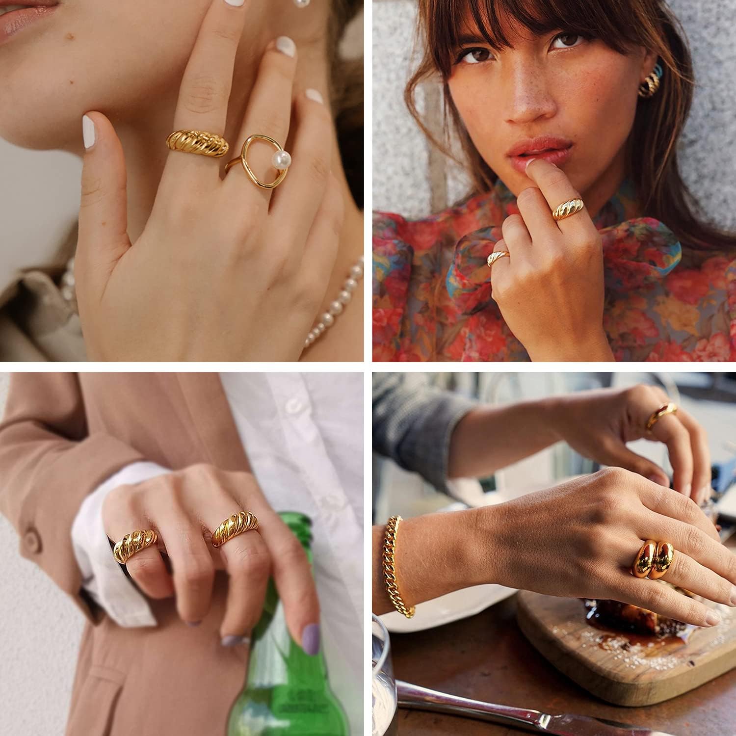 FUNEIA 6Pcs Thick Dome Chunky Rings for Women Men 18K Gold Plated Round Signet Rings Braided Twisted Signet Statement Ring Size 5-9