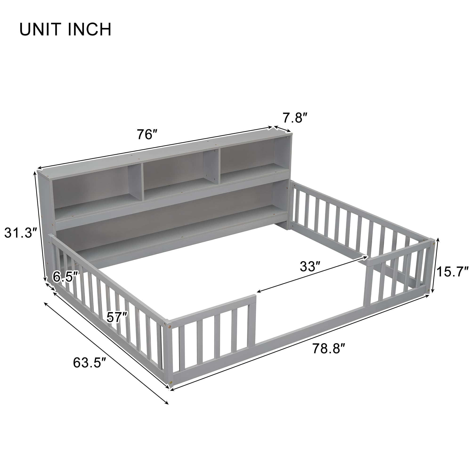 Harper & Bright Designs Full Size Floor Bed with Bedside Bookcase, Shelves, Guardrails, Wood Montessori Bed with Storage, Grey