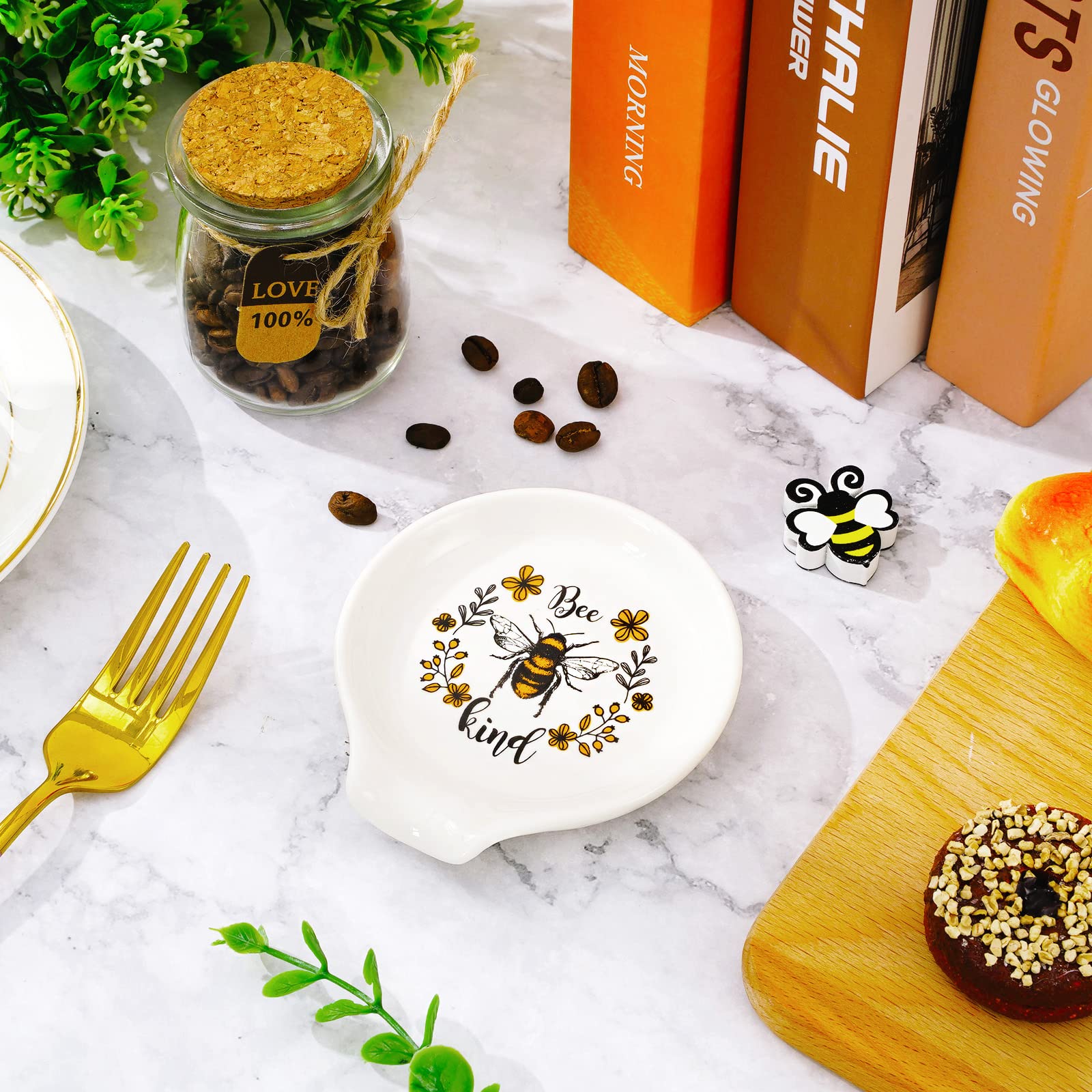 Whaline Bee Spoon Rest Kitchen Decoration Queen Bee Ceramic Coffee Spoon Holder Bee Kind Sauce Dishes Farmhouse Ring Dish for Kitchen Office Summer Bee Day Party Decor