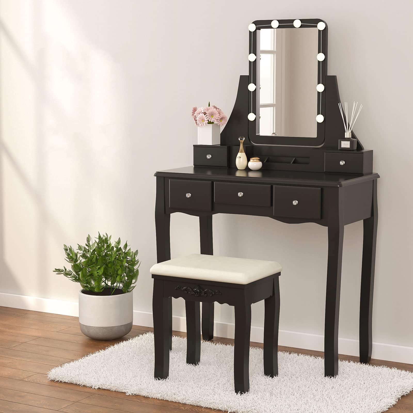 GinguoHome Dressing Table Vanity Set with Lighted Mirror, Makeup Vanity with Tri-Fold Mirror and 10 LED Dimmable Bulbs,Dressing Table with Cushioned Stool&4 Drawers, for Bedroom Vanity Desk Black