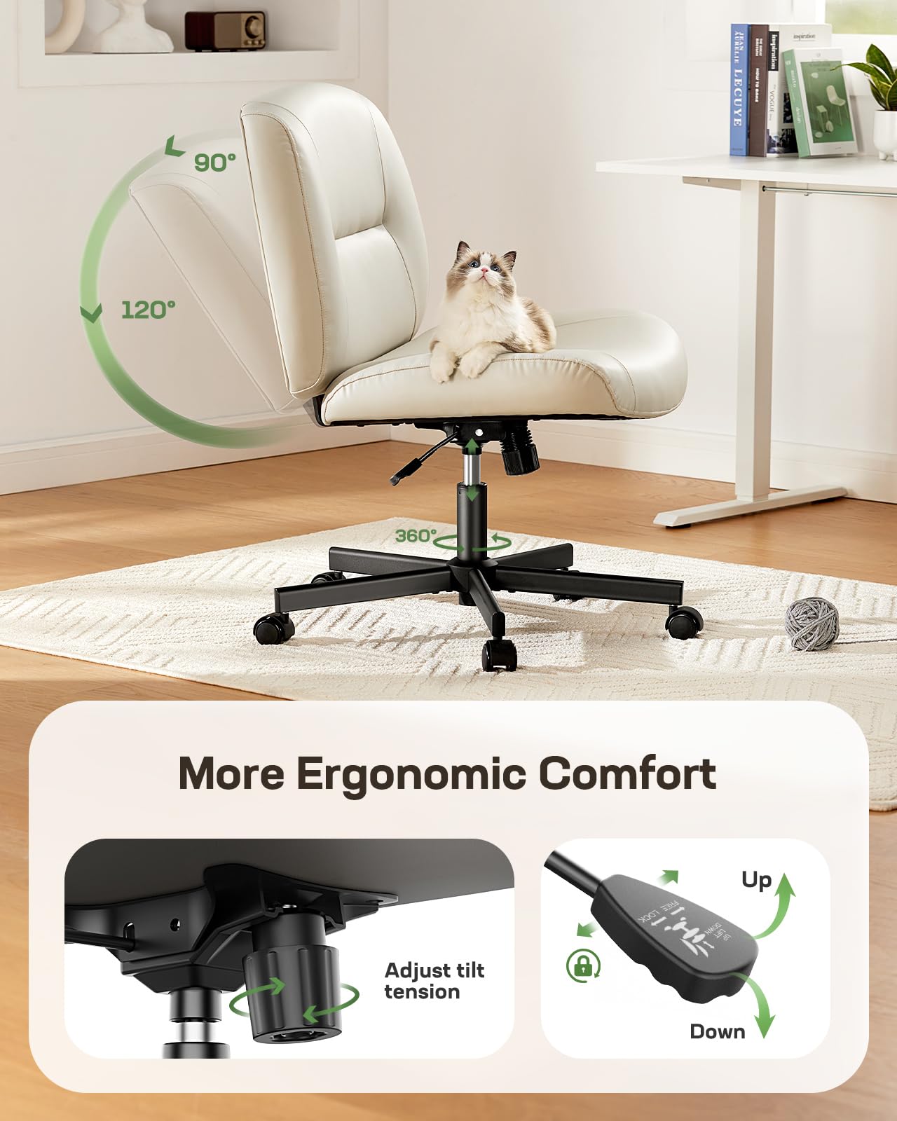 Marsail Criss Cross Chair with Wheels, Scratch-Resistant PVC Leather Cross Legged Office Chair, Wide Mid-Back Comfy Armless Desk Chair, Height Adjustable Vanity Computer Chair for Home Office