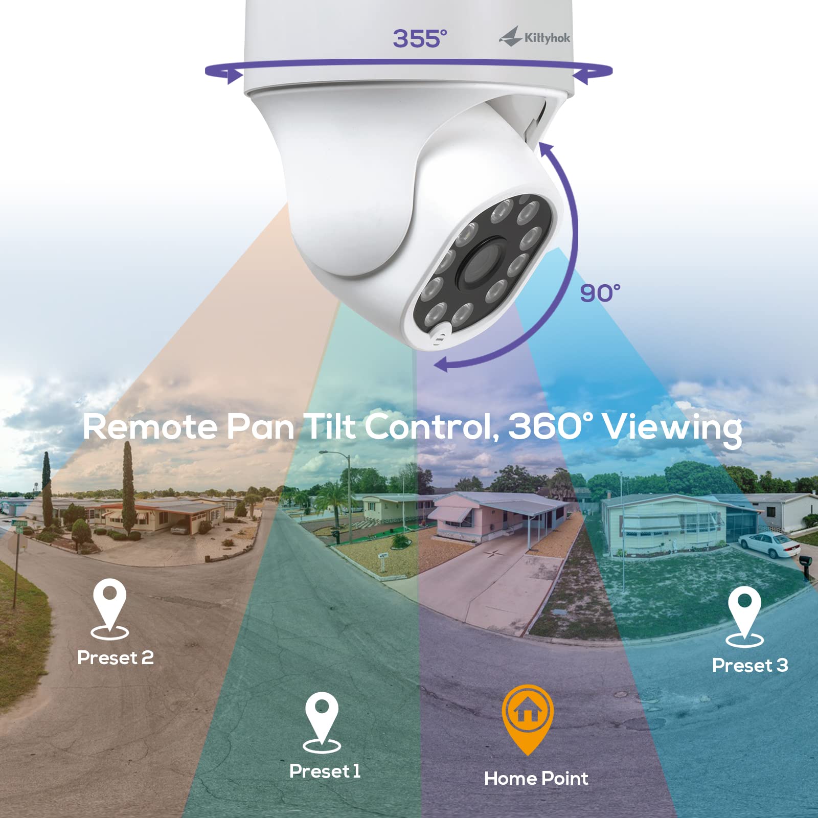 Kittyhok Wireless Security Camera System with 10CH 12" Monitor, 4pcs 2K WiFi Security Camera & 4pcs PTZ Outdoor Security Camera with 360 Viewing, Auto Tracking, Human Detection, Spotlight, 1TB HDD