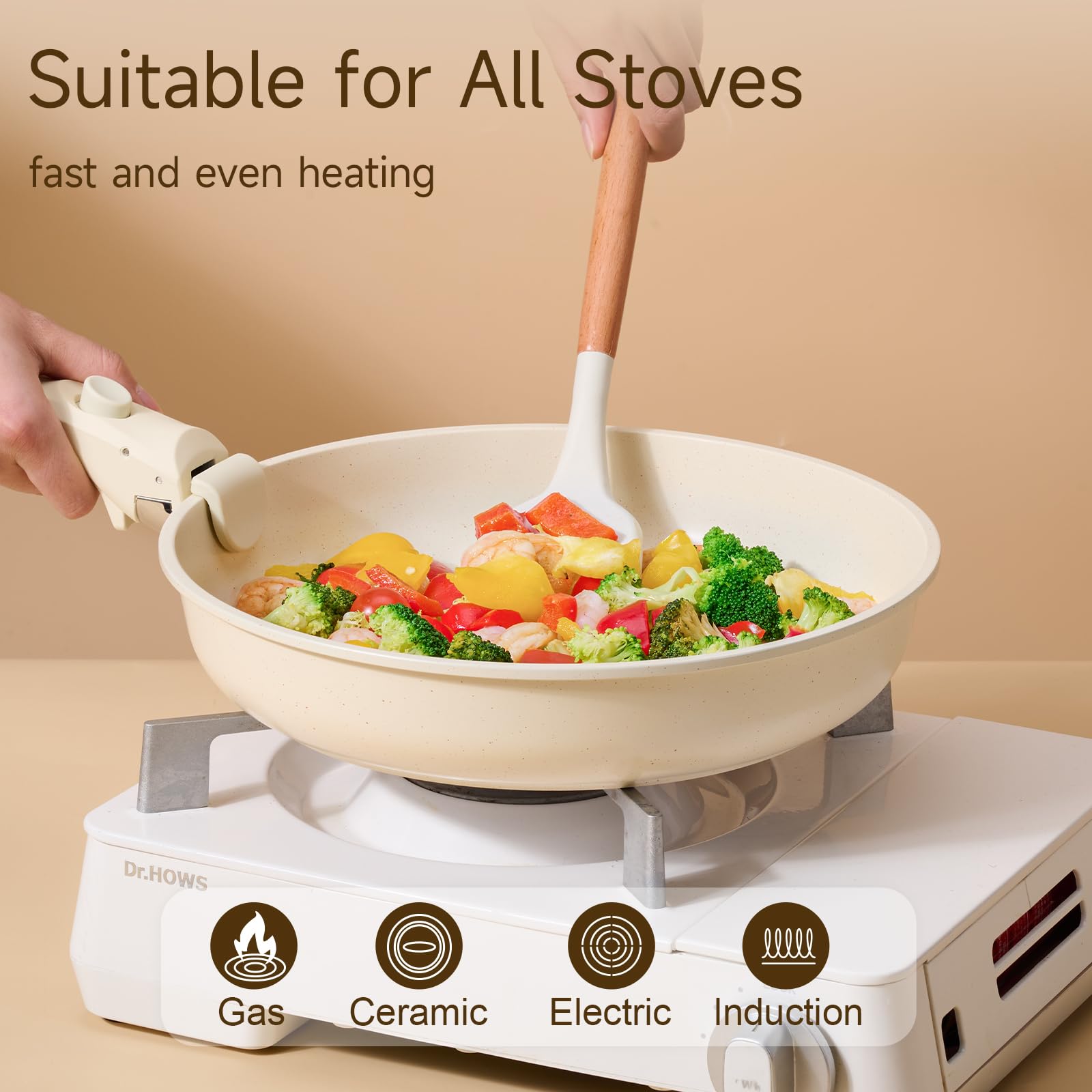 JEETEE Nonstick Frying Pan Set, Non Stick Frying Pans with lid and Detachable Handle, Frying Pan Set with Removable Handle-8 Inch-9.5 Inch-11 Inch, Oven Safe, PFOA Free, Beige