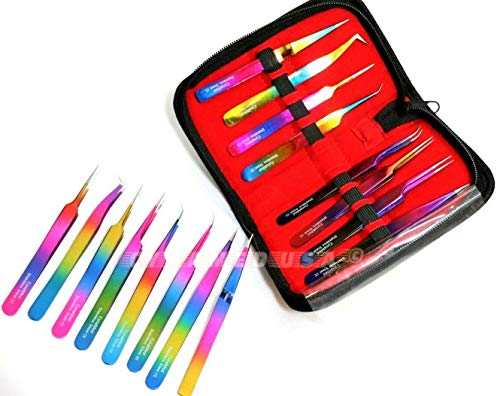 Cynamed-Set of 8 Piece German Stainless Steel Titanium Color Eyelash ExtensionTweezers