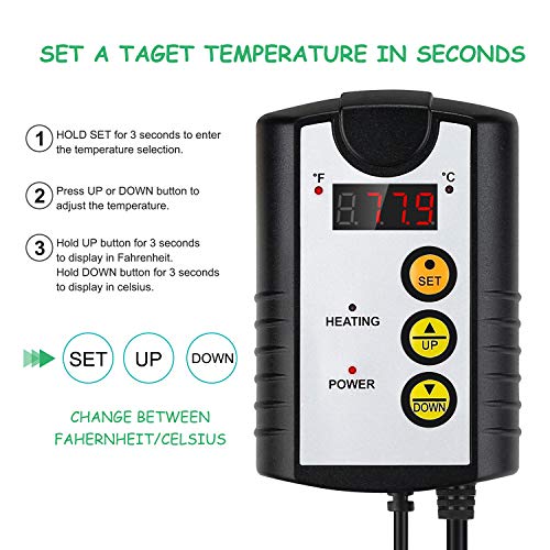 HYDGOOHO Reptile Heat Pad with Thermostat Under Tank Terrarium Heater MET Approved Waterproof Heat Mat Terrarium Accessories for Snake Lizard Hermit Crab Turtle Frog Spiders (8X12`` Pad +Thermostat)