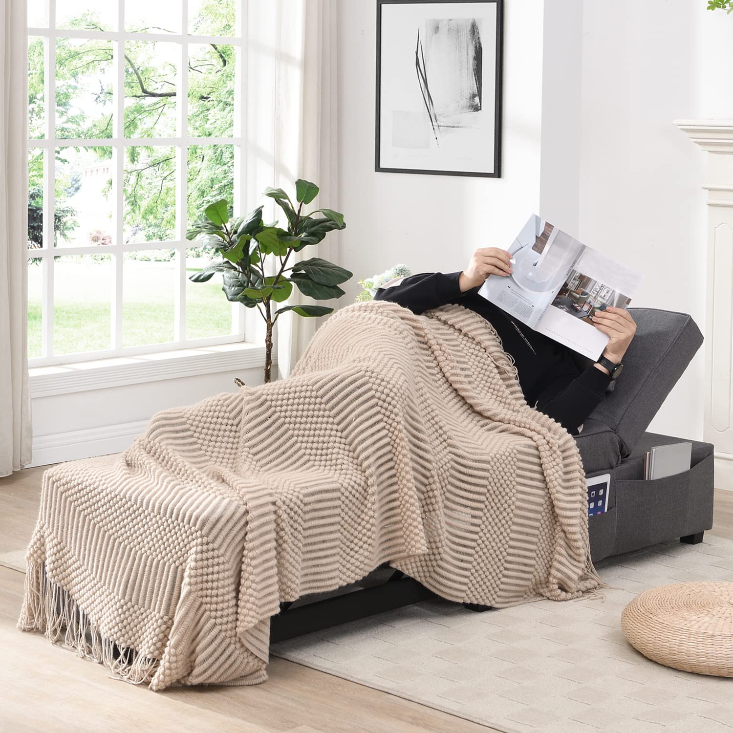 Cynefin Futon Chair with Lumbar Pillow and 3 Side Pockets, Convertible Chair Sleeper Bed, sofa chair, 4 in 1 Ottoman Bed Tufted Fabric Gray (blue, M)