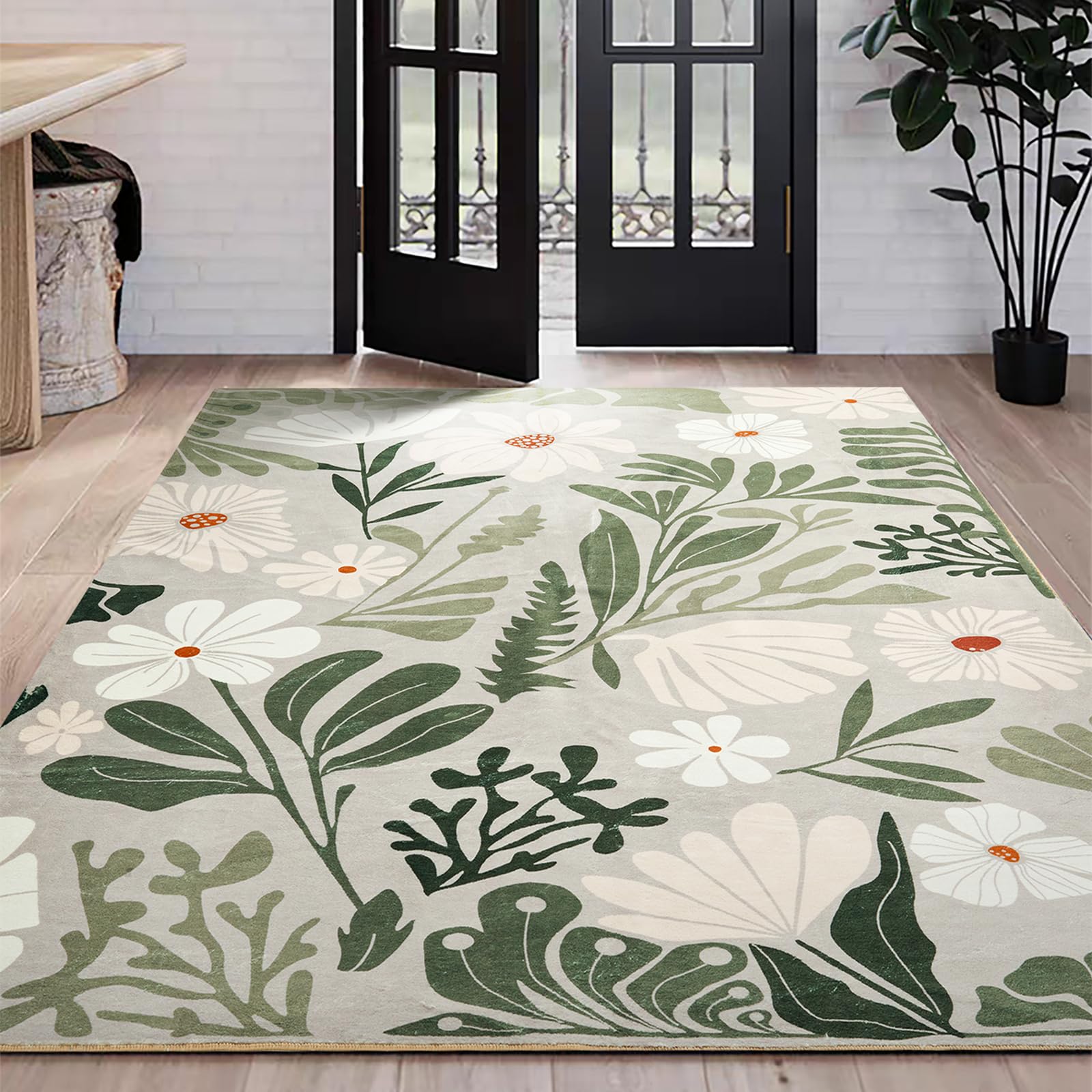 RoomTalks Cute Funky Bedroom Rugs Aesthetic Decor, 4x6 Washable Area Rug Non Slip Sage Green Boho Floral Botanical Rug Modern Abstract Throw Rug Accent Carpet for Living Room Kitchen Entryway Dorm