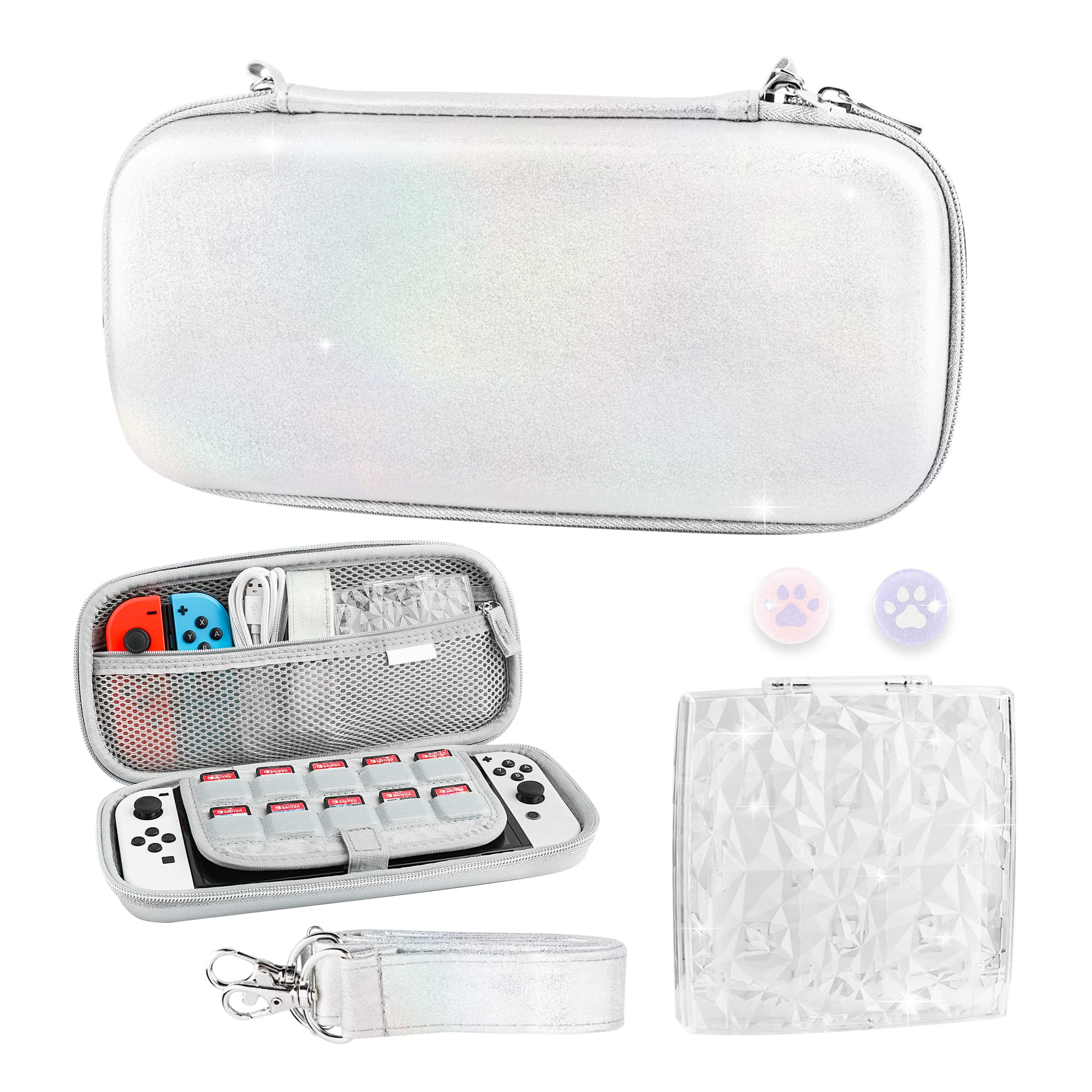 GLDRAM Glitter Carrying Case Bundle for Nintendo Switch & OLED, Accessories Kit with Protable Silver Switch Travel Case, Shoulder Strap, Clear Diamond Game Card Case Holder and Thumb Grip Caps