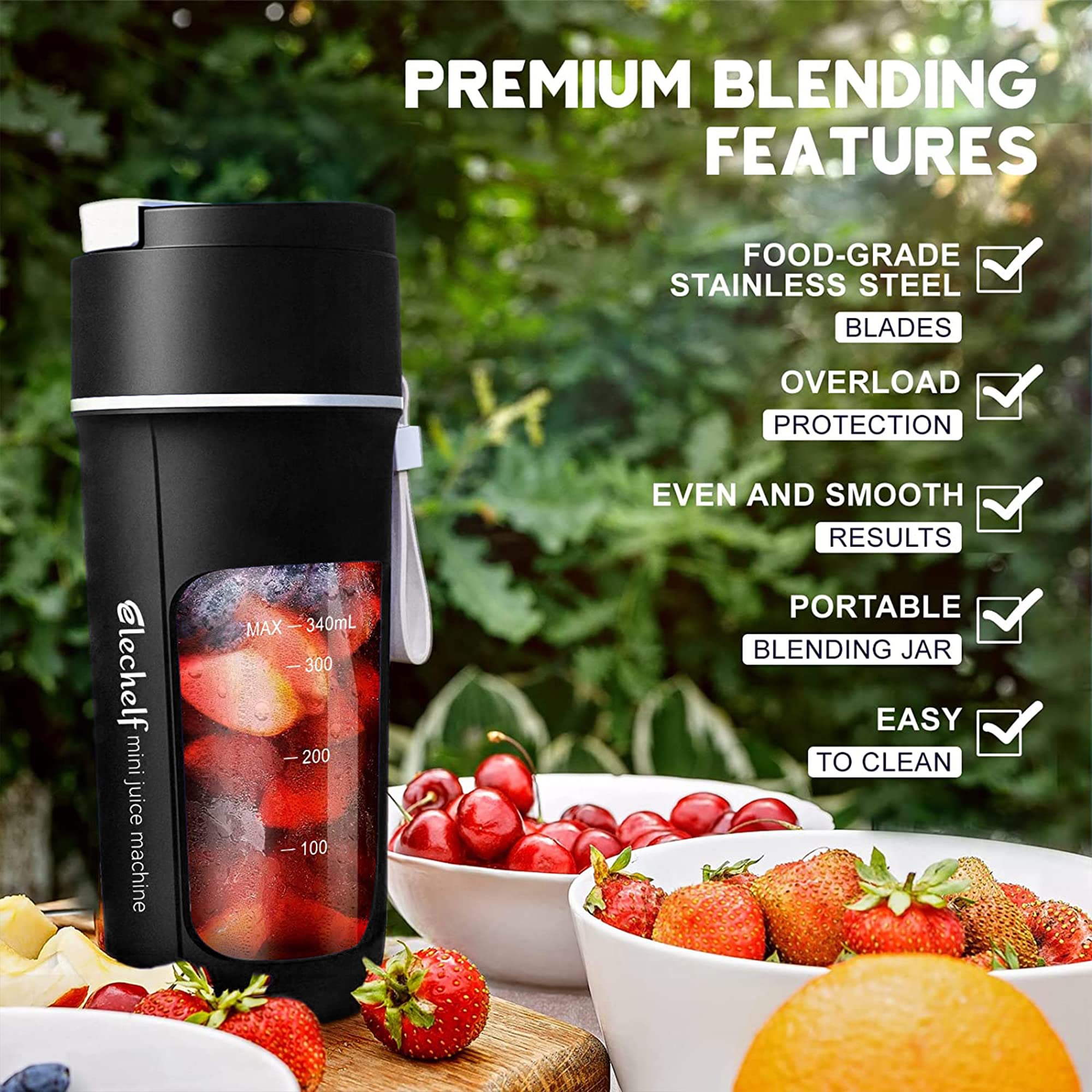 Elechelf Portable Blender, Mini Blender For Shakes and Smoothies, Personal Blender USB Rechargeable, Fresh Juice Blender With 8 Blades, 12oz Handheld Blender For Kichen Ice (Black)
