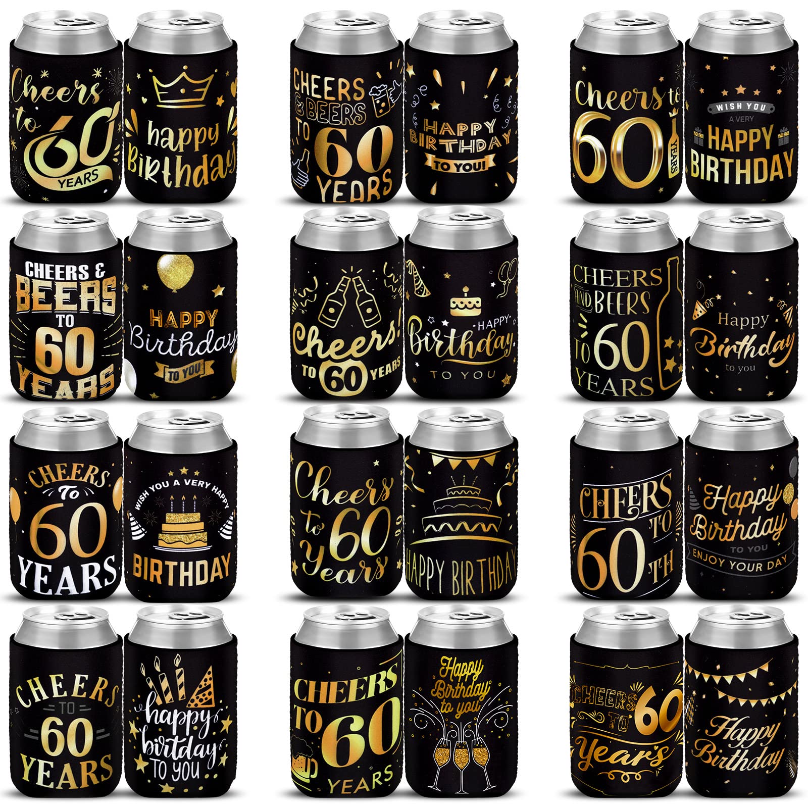 Umigy 24 Pcs 60th Birthday Can Sleeve to 60 Years Can Neoprene Cooler 60th Birthday Decorations 60th Birthday Party Favors Party Supplies Birthday Gift for Men Women