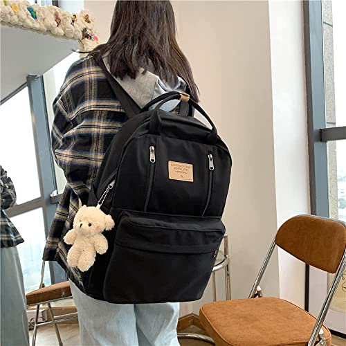 MININAI Preppy Backpack with Plushies Cute Backpack Light Academia College Backpack Solid Aesthetic Rucksack for Travel (One Size,Black)
