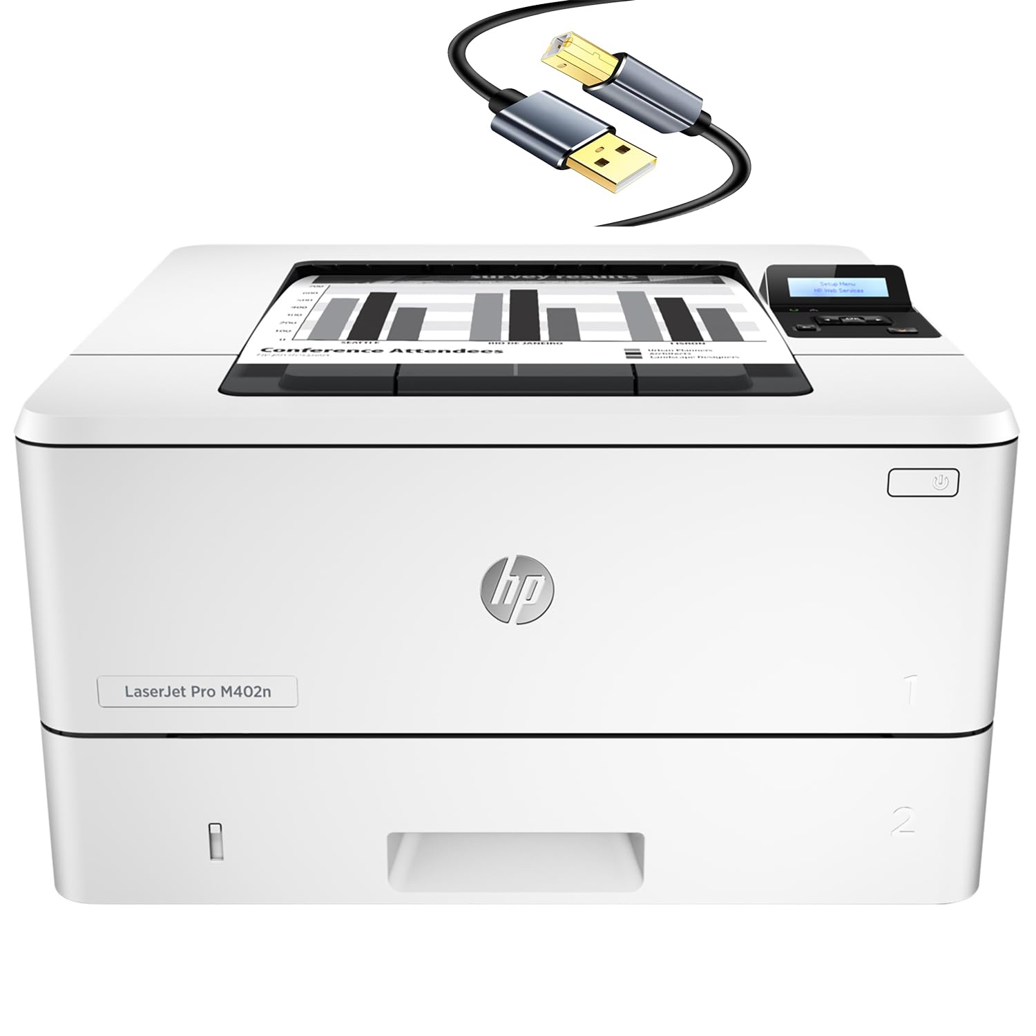 HP Laserjet Pro M402n Wired Monochrome Laser Printer with Ethernet Connectivity, White - Print only - 2-line LCD, 40 ppm, 1200 x 1200 dpi, Auto 2-Sided Printing, 8.5 x 14