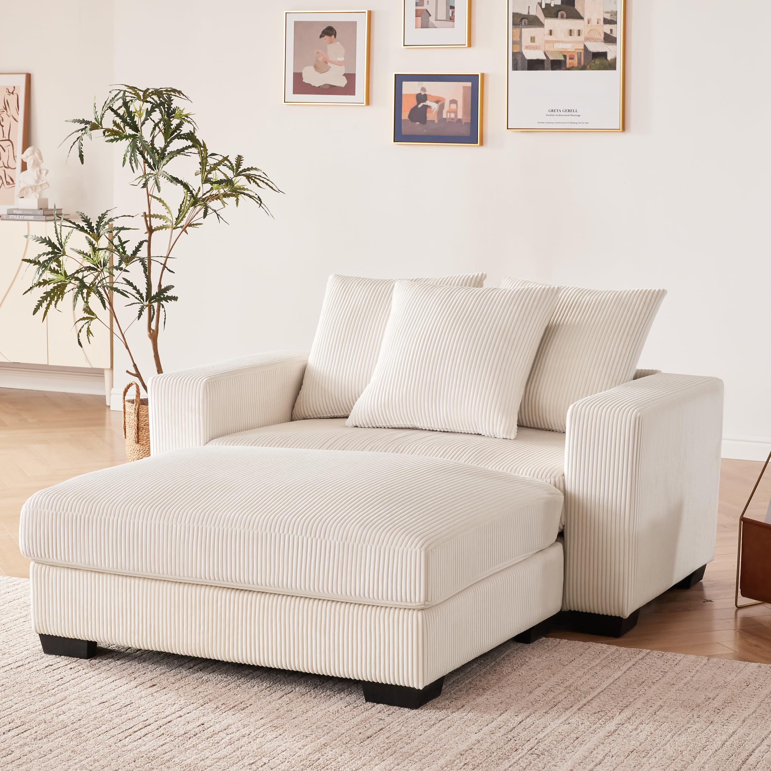 Howjoe 58.3" Comfy Deep Seat Oversized Chaise Lounge Indoor for Living Room, Solid Wood Sleeper Reclining Chair with Thickened Cushions Widened Armrests for Bedroom, Lounge Chair with Ottoman, Beige