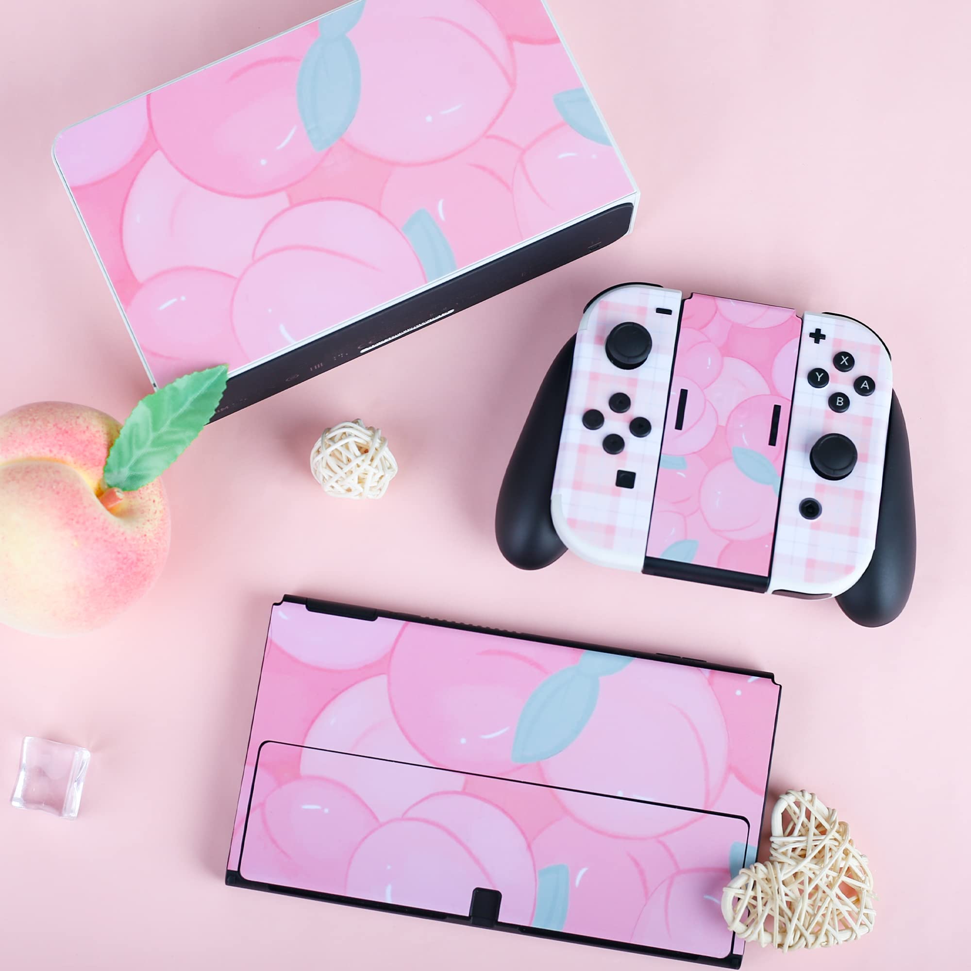 GLDRAM Switch OLED Skin, Cute Peach Pattern Full Wrap Skin Cover, Pink Decal Film Sticker Protective for Nintendo Switch OLED, Joycon Controller, Handle Grip and Dock