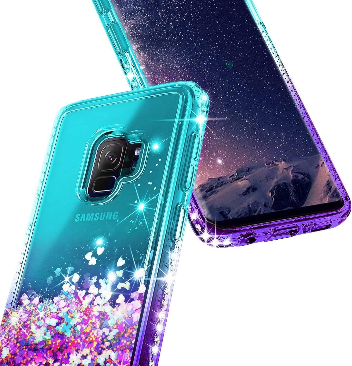E-Began Case for Samsung Galaxy S9 with Screen Protector (Maximum Coverage, Flexible TPU Film), Ring Holder/Wrist Strap, Glitter Flowing Liquid Girls Women Kids Cute Case (Aqua/Purple)