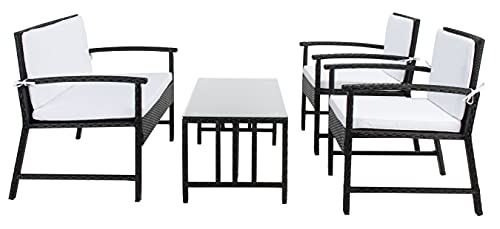 SAFAVIEH Outdoor Collection Krissy Wicker Cushion 4-Piece Living Set PAT7711A, Black/White