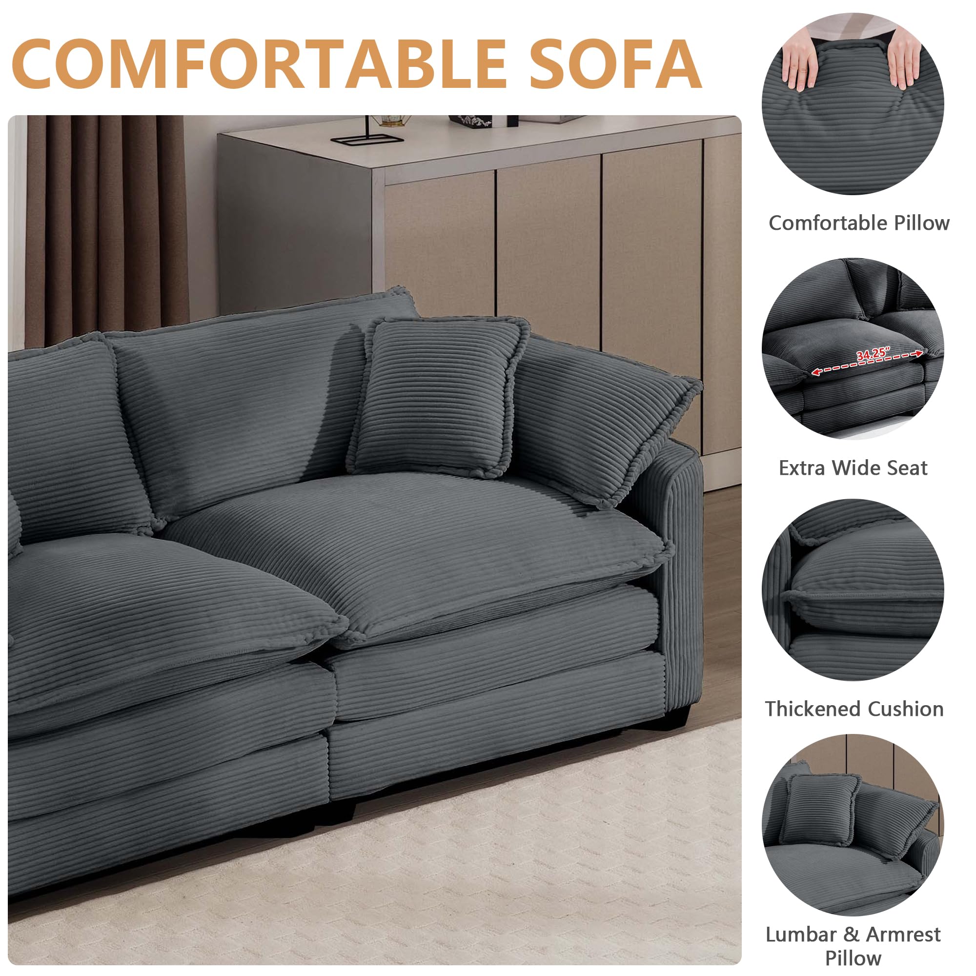 mikibama Luxury Modular Sectional Sofa, 80 Inch Modern Corduroy Comfy Cloud Couches for Living Room Office, Loveseat Deep Sofa with 2 Armrest Pillows and 2 Toss Pillows, Grey