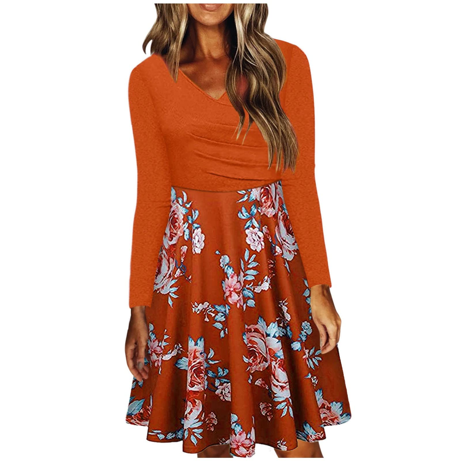 Floral Patterned A-Line Dress Womens Casual Pleated Midi Dress Deep V Neck Ruched Long Sleeve Swing Dress Red