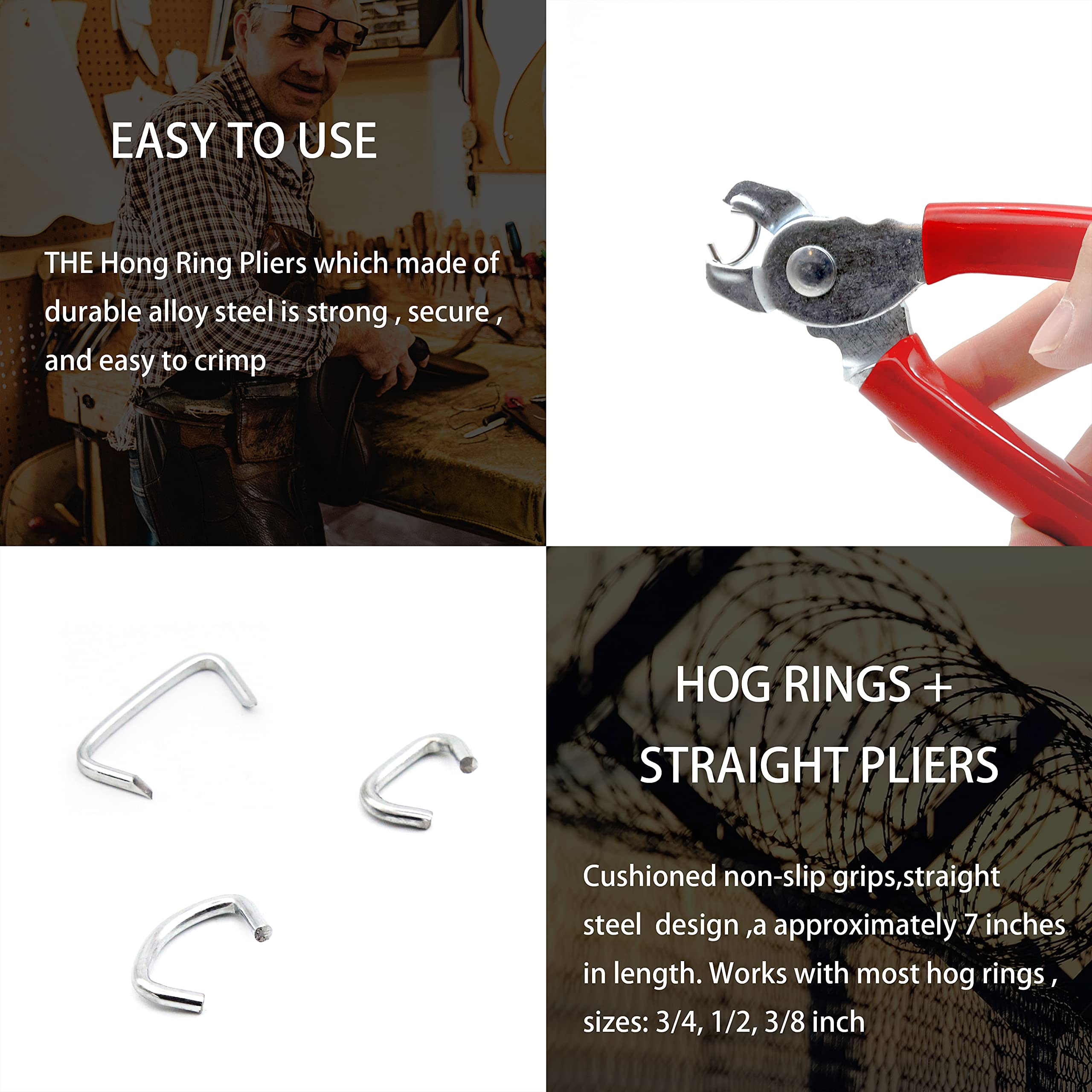 INKNOTE 270 Pcs Galvanized Hog Rings Assortment Kit (3 Sizes) & One Piece Professional Hog Ring Pliers, widely for Bungee/Animal Pet Cages/Bagging/Meat & Sausage Casing/Fencing/Furniture Upholstery