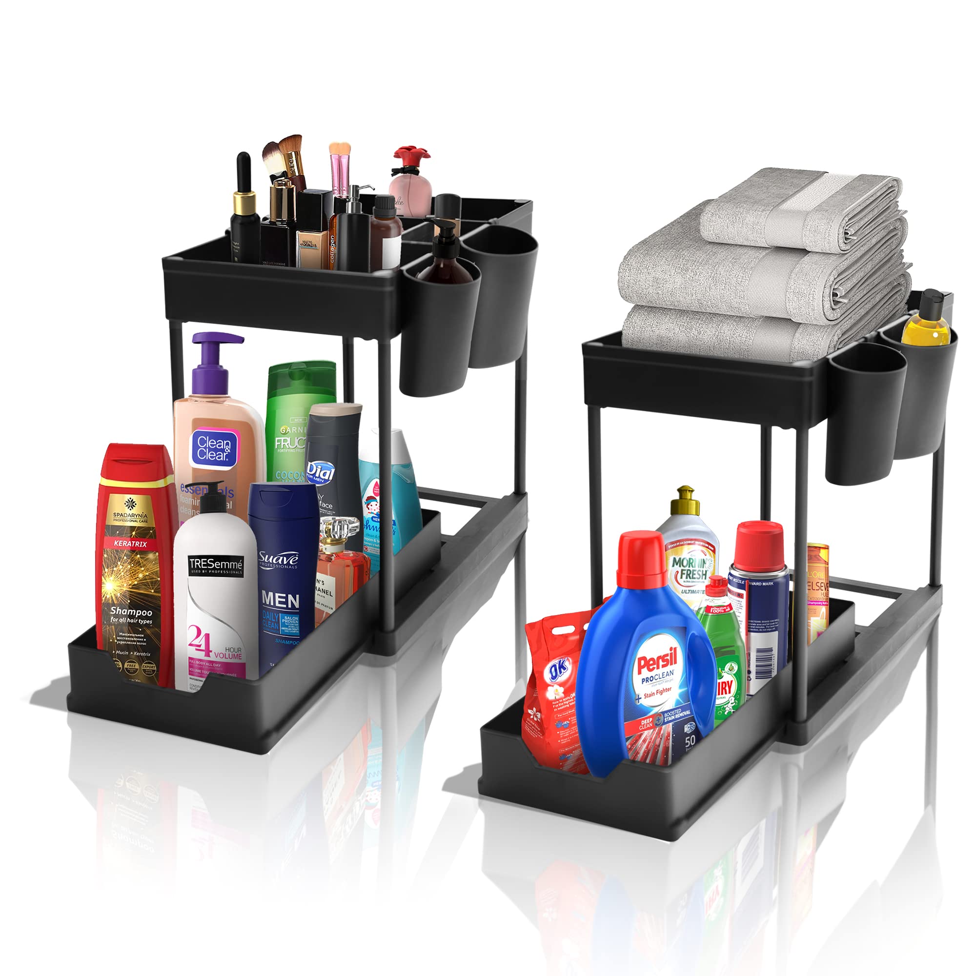 GrĂŒnhirsch Under Sink Organizers and Storage 2 Packs Kitchen Organizer, Bathroom Organizer, make up organizers and storage with Large capacity | 2 Tiers Sliding Under Cabinet with Dividers, Black