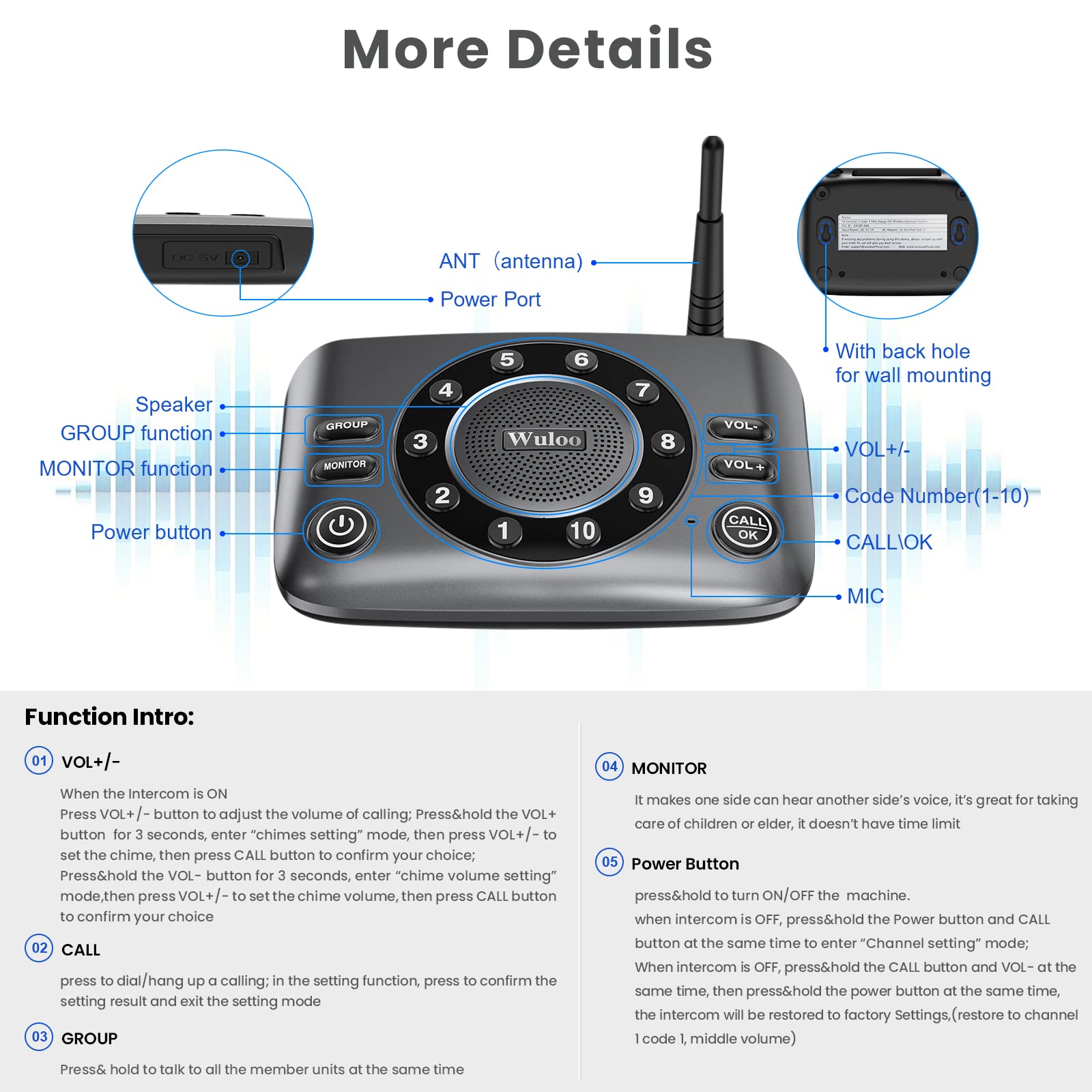Hands-Free Intercoms Wireless for Home Business, Wuloo Upgrade Two Way Audio Intercom System for Elderly, Full Duplex Room to Room Intercom with 5280 ft Range Clear Sound Anti-Interference, Pack of 2