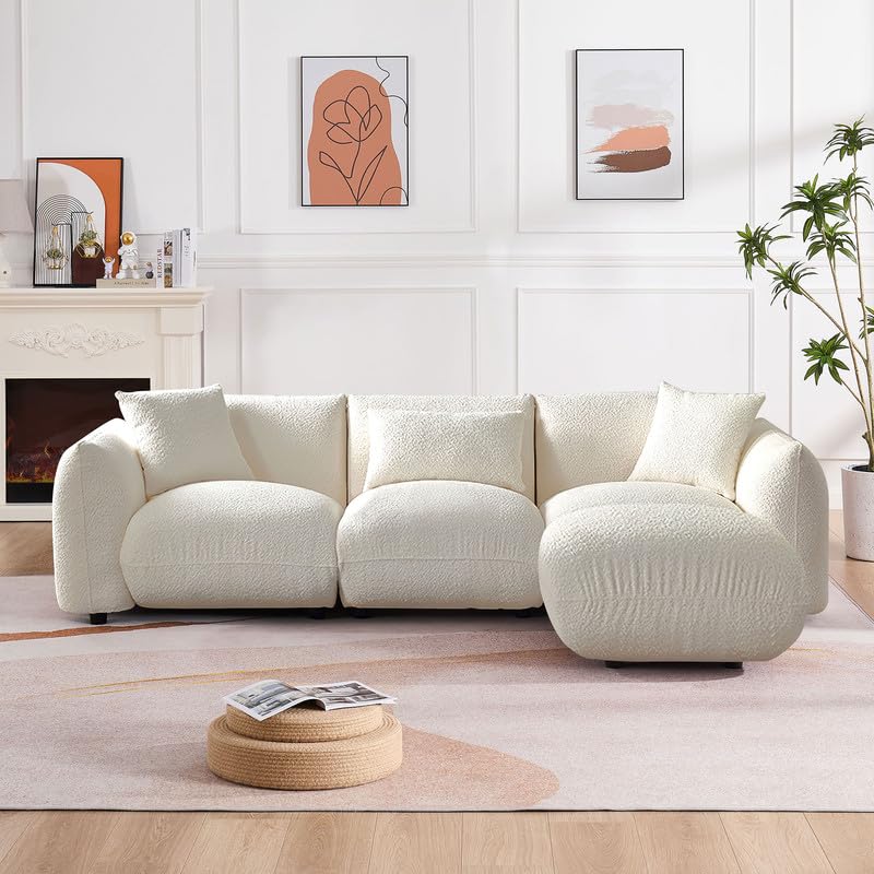 Nolohoo Sectional Sofa Cloud Couch, 102" Upholstered Boucle L-Shaped Deep Couch for Living Room, Comfy 4-Seat Overstuffed Couch with Movable Ottoman Pillows for Apartment (Cream, Boucle)