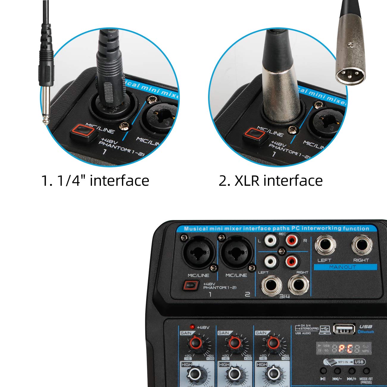 Depusheng U4 Portable Mini Mixer 4 Channel Audio DJ Console with Sound Card, USB, 48V Phantom Power for PC Recording Singing Webcast Party