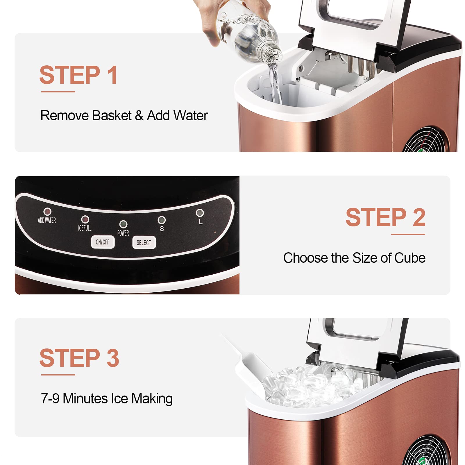 Hicer Counter top Ice Maker Machine with Self-Cleaning- 2 Size Bullet Shaped Ice,9 Cubes Ready in 6-8 Minutes,26LBS/24H-with Ice Scoop and Basket,for Home/Kitchen/Bar/Office (Bronze)