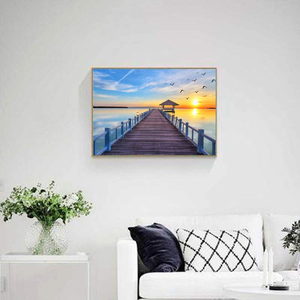 DIY 5D Full Drill Diamond Painting Kits for Adults Beach Sunset Road Plank Pavilion Sea Gull Paint by Numbers Tools Gem Art Wall Decor, 16 x 12 inches