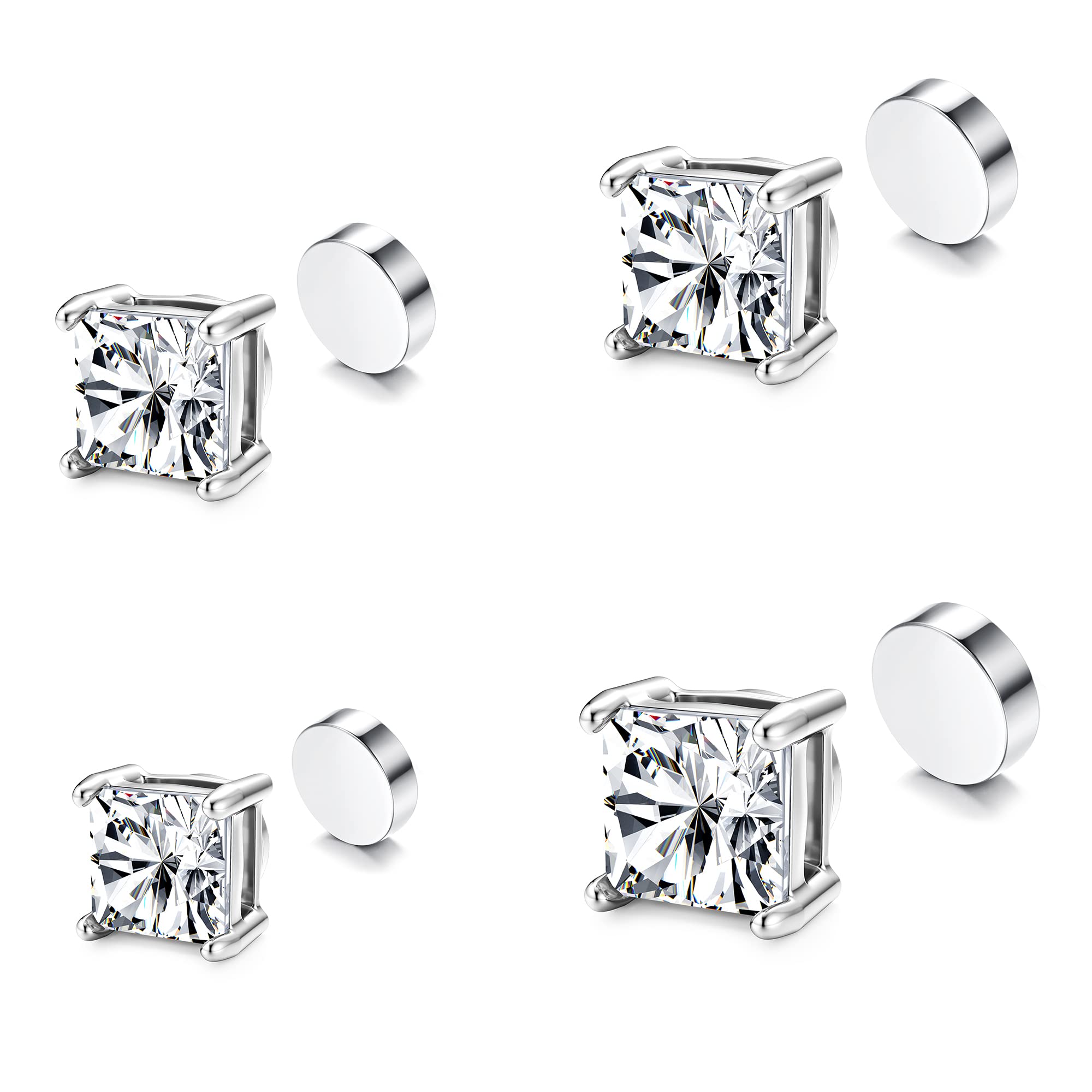 Florideco 4 Pairs Stainless Steel Mens Womens Magnetic Stud Earrings Non-piercing CZ 5-8mm SS