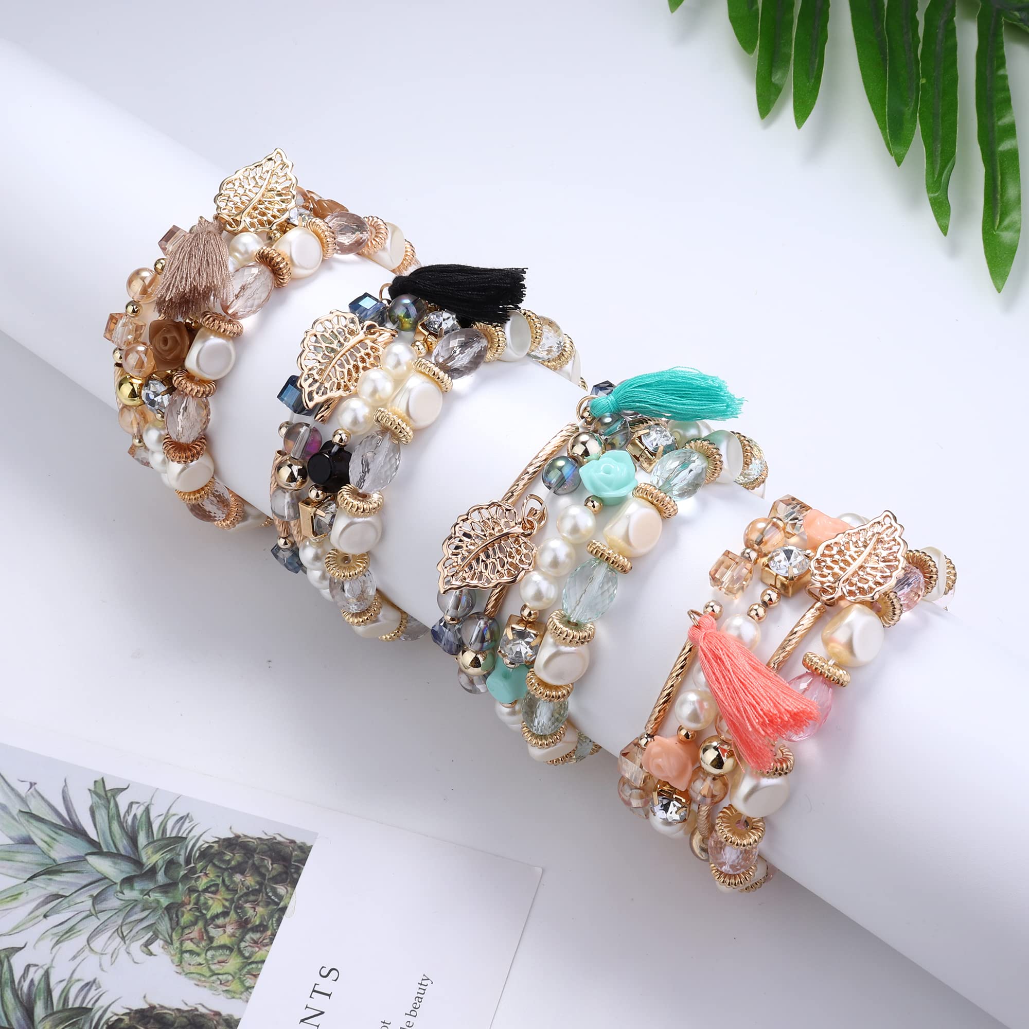 Florideco 4 Sets Bohemian Stackable Bead Bracelets for Women Men Stretch Multilayer Colorful Beads Bracelet with Charm Jewelry B