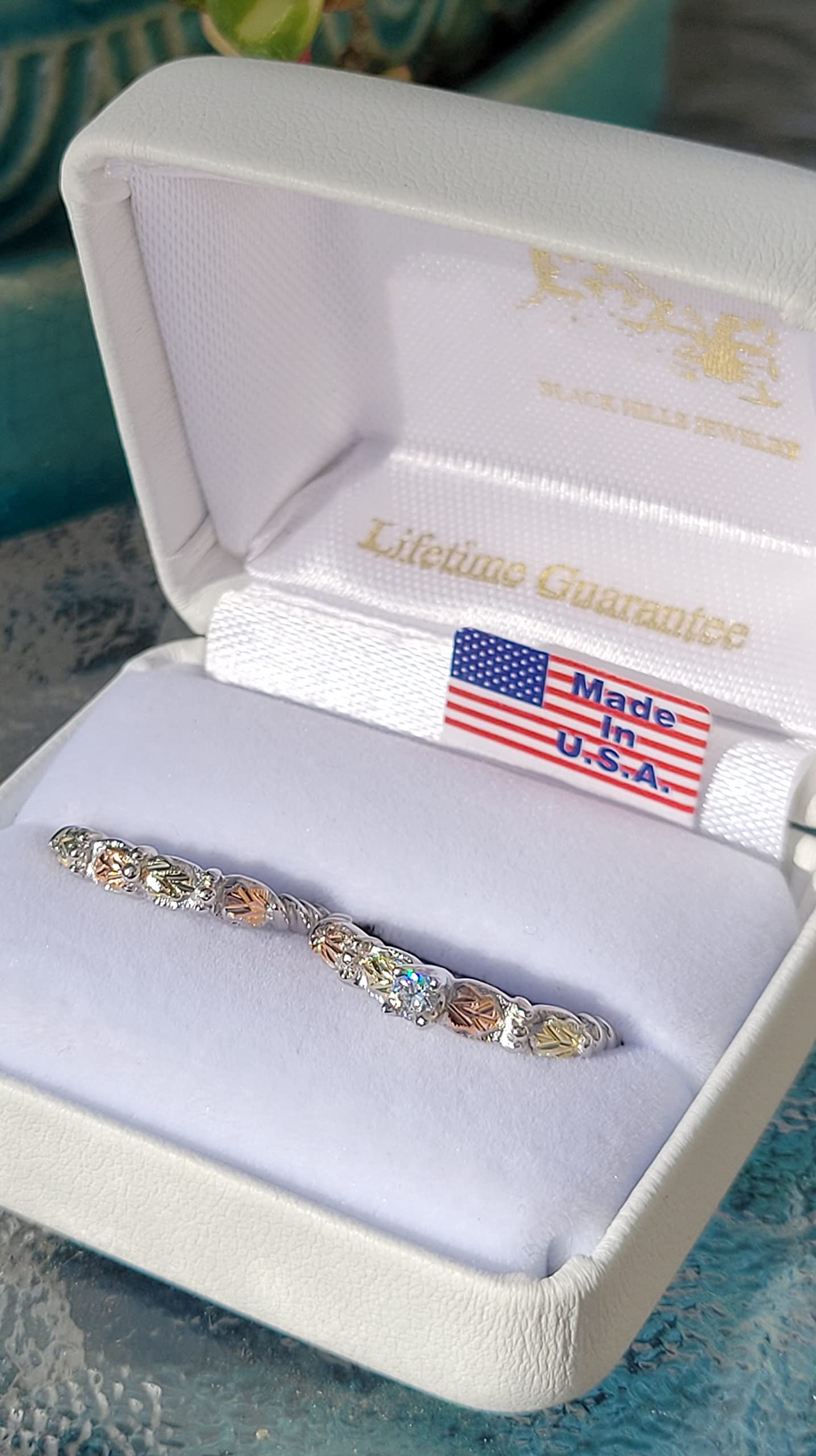 CZ Wedding and Engagement Ring Set, Sterling Silver, 12k Green and Rose Gold Black Hills Gold Motif, Size 6.5